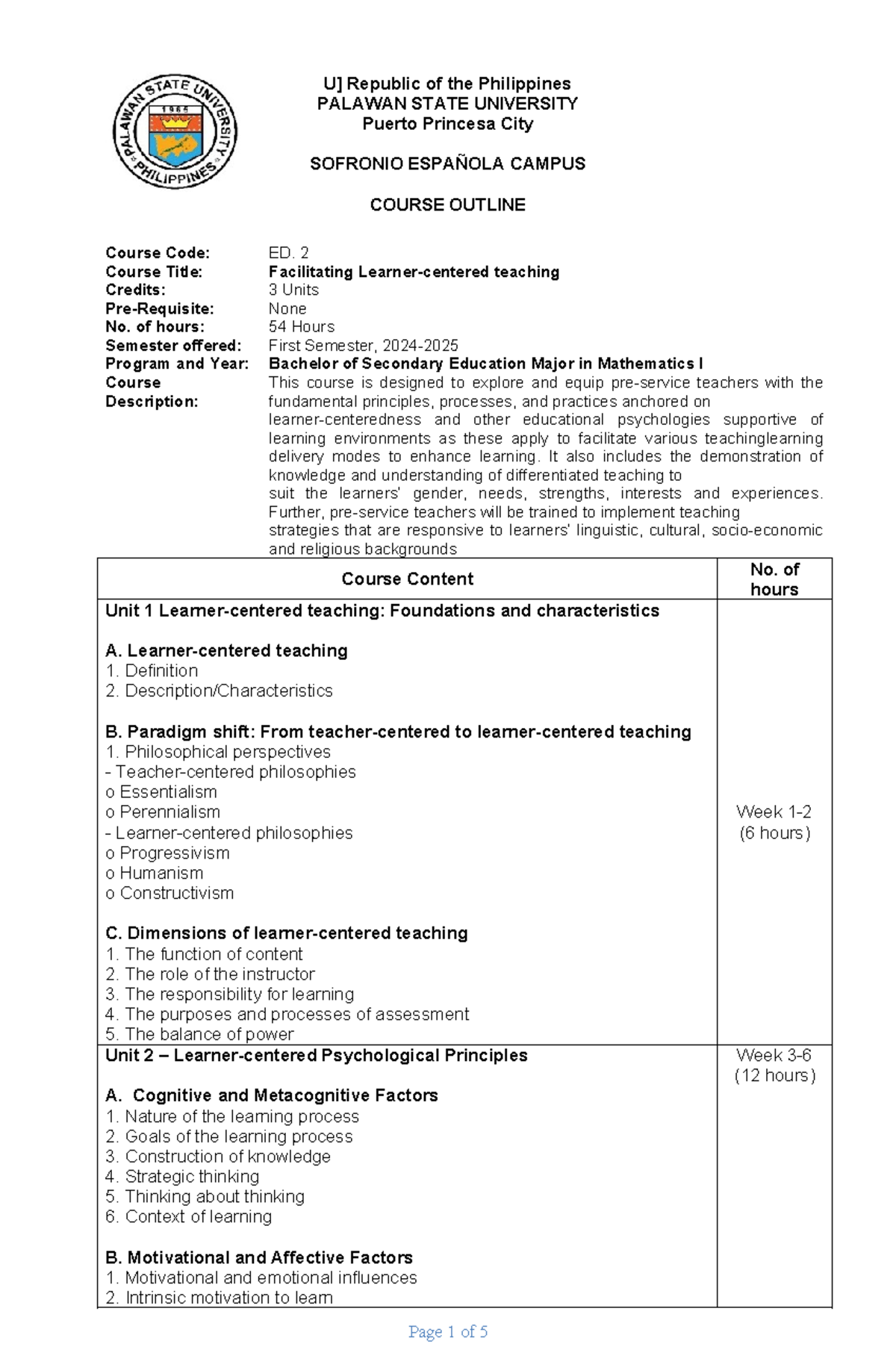 ED.2 Outline - U] Republic of the Philippines PALAWAN STATE UNIVERSITY ...