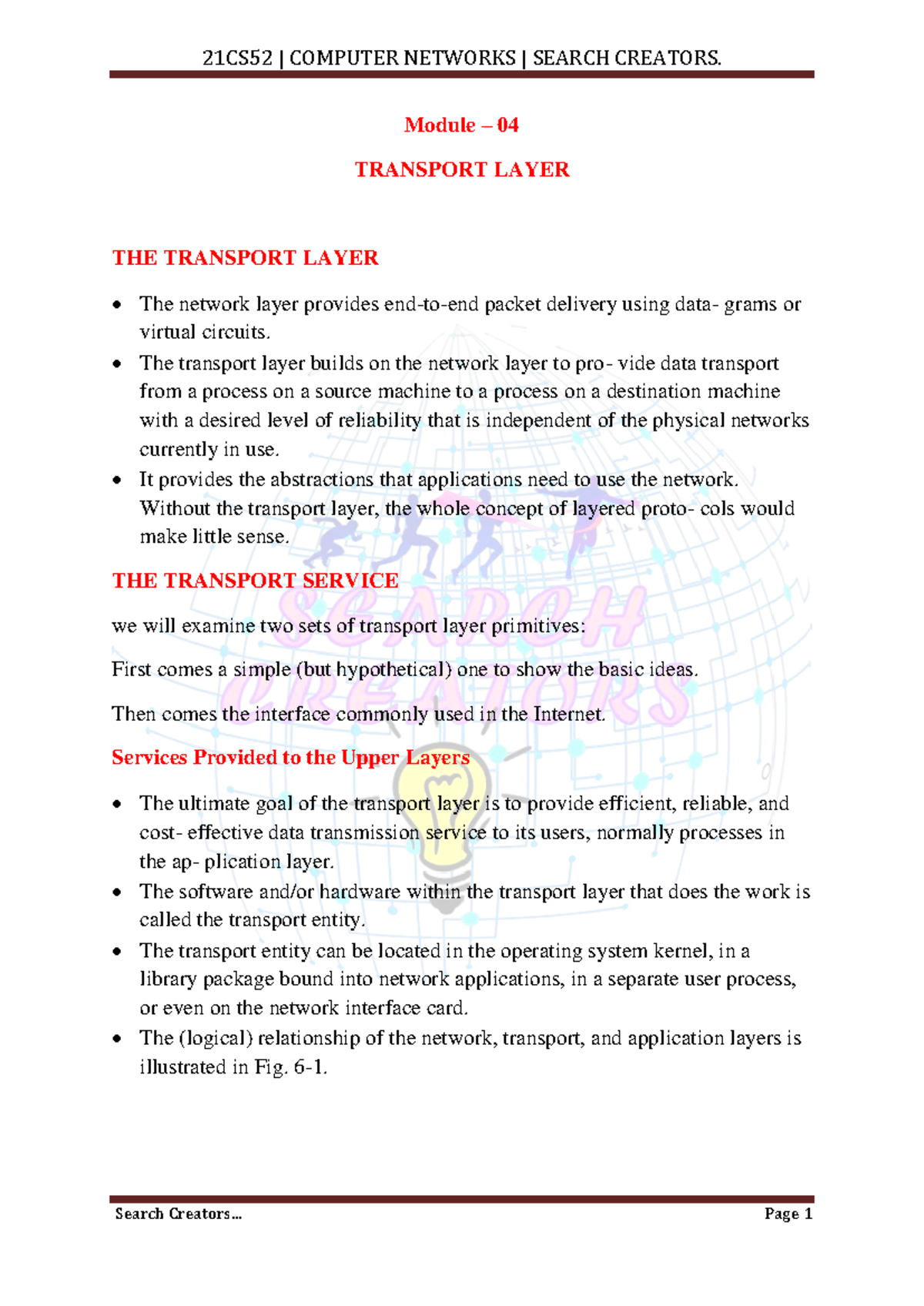 CNModule 4 2021 scheme - Module – 04 TRANSPORT LAYER THE TRANSPORT LAYER The network layer ...