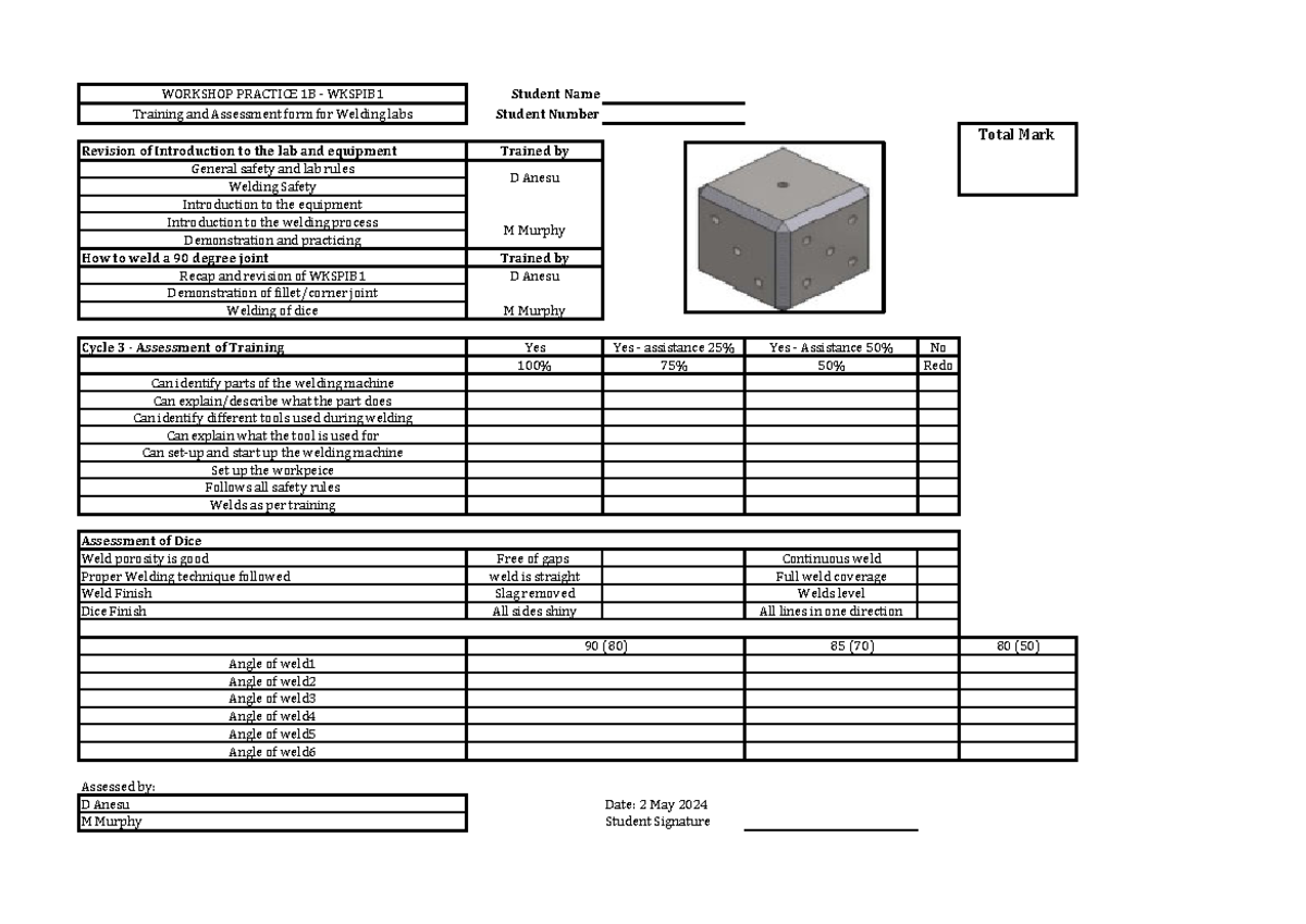 Welding Assessment form 2024 - WORKSHOP PRACTICE 1B - WKSPIB Student ...