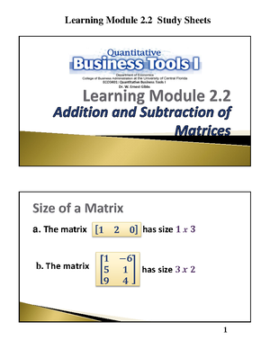 Learning Module 2 2 Study Sheets - a matrix has size 𝟏 x 𝟑 has size 𝟑 x ...