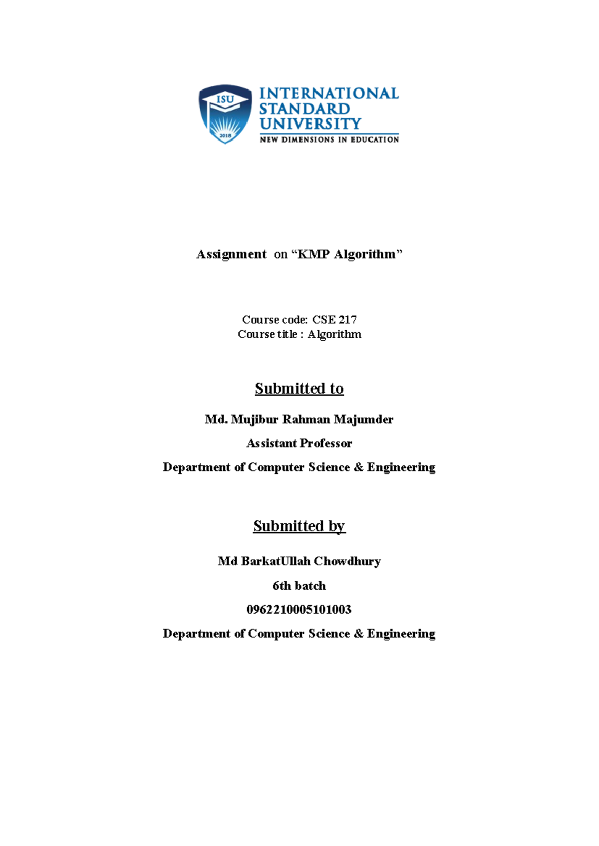 0962210005101003 Cse 217 Assignment On Kmp Algorithm” Course Code Cse 217 Course Title