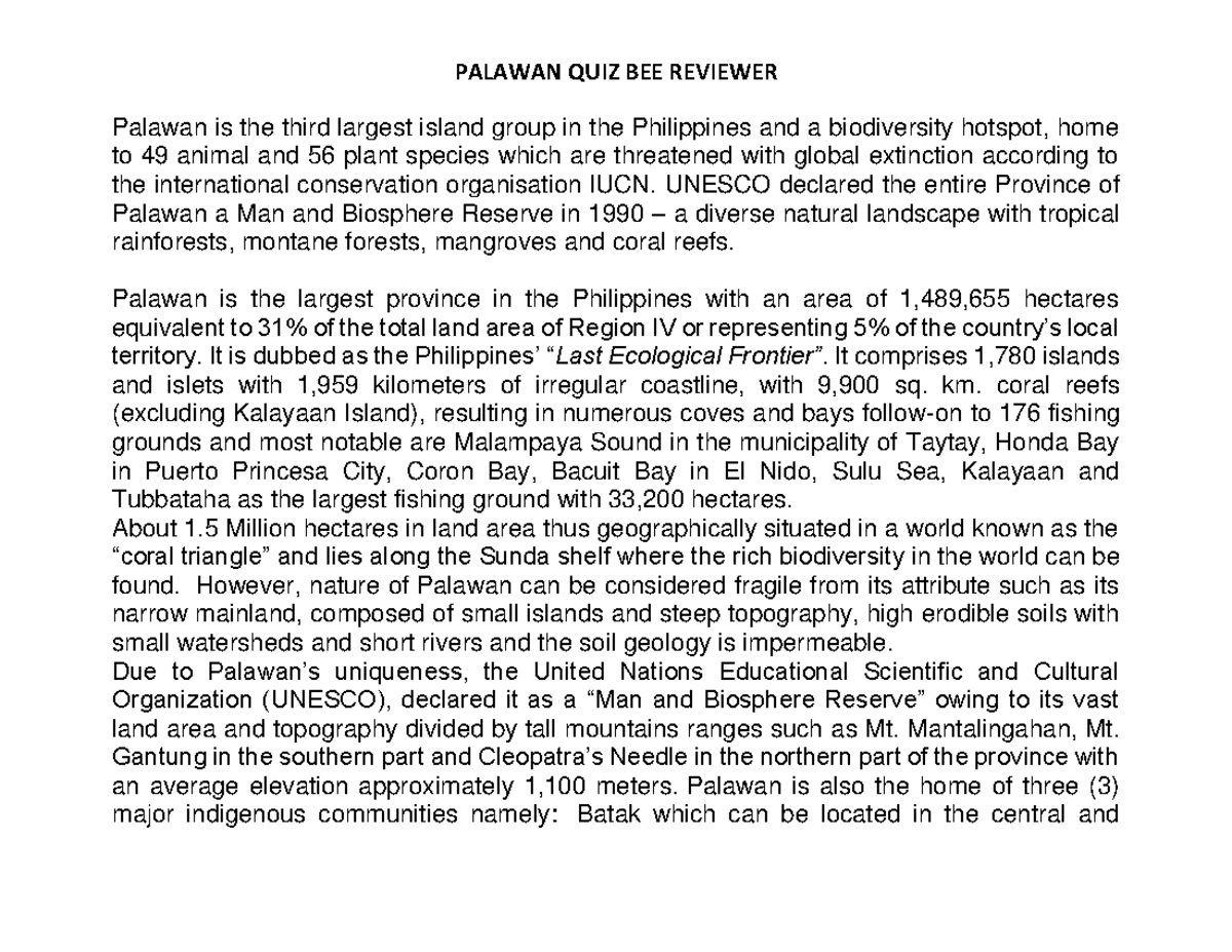Palawan QUIZ BEE - Palawan is the third largest island group in the ...