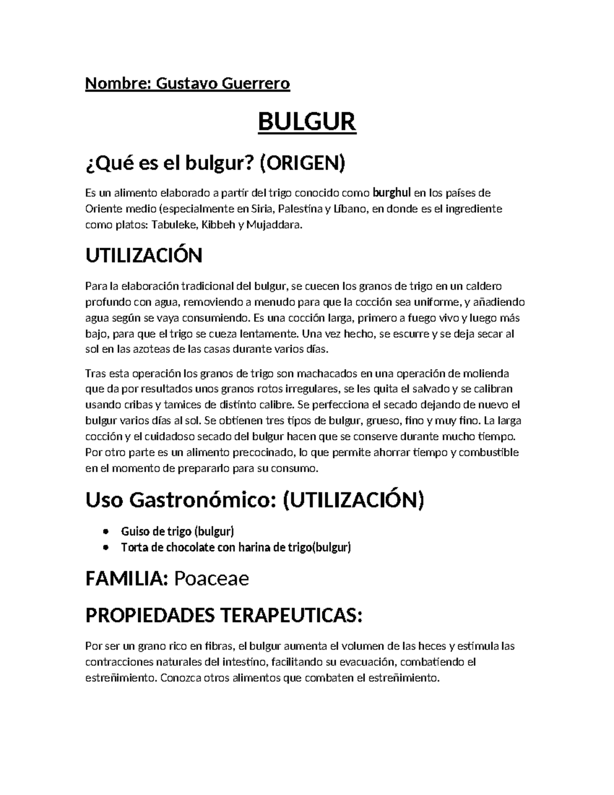 Tarea de 5 insumos - dsdsdsdsd - Nombre: Gustavo Guerrero BULGUR ¿Qué ...