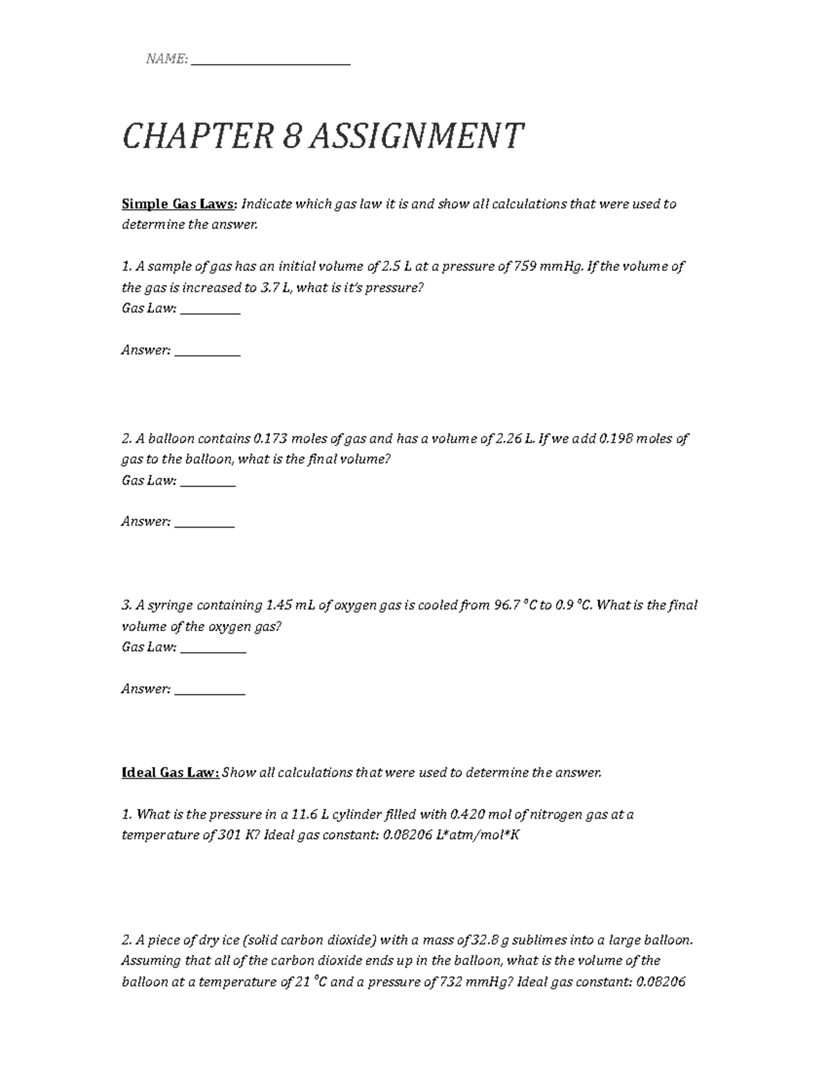 131CH8 - learning material - NAME: _____________________________ CHAPTER 8 ASSIGNMENT Simple Gas ...