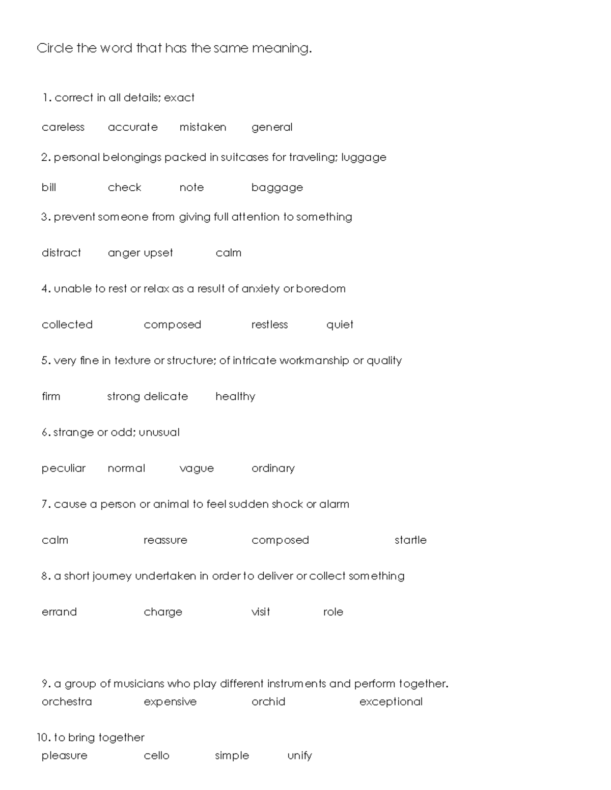 Grade 4 words meanings 1 - Circle the word that has the same meaning. 1 ...