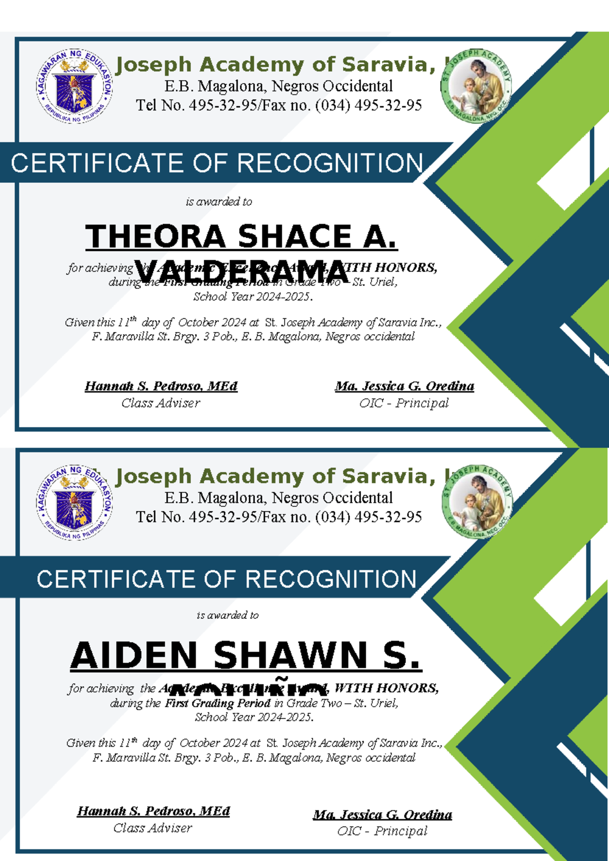 1ST Grading Certificate - St. Joseph Academy of Saravia, Inc. E ...