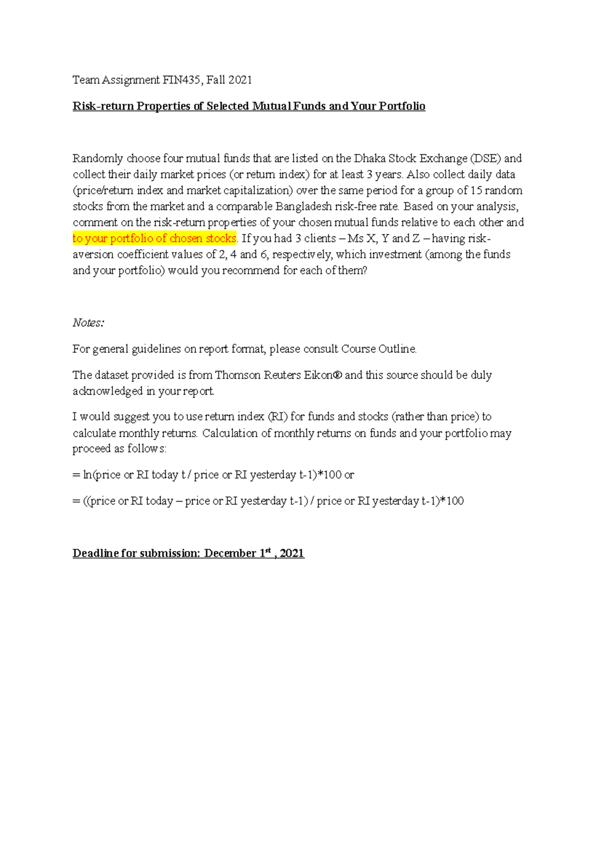 Assignment 2 Instruction for finance investment management. - Team Assignment FIN435, Fall 2021 ...
