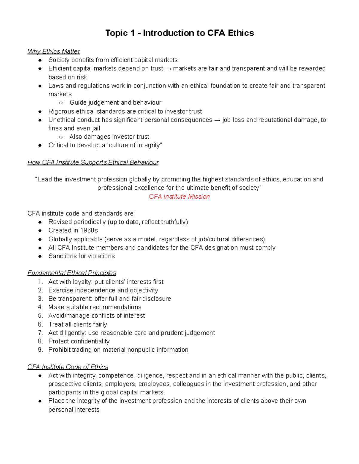 CFA Ethics Notes - Topic 1 - Introduction to CFA Ethics Why Ethics ...