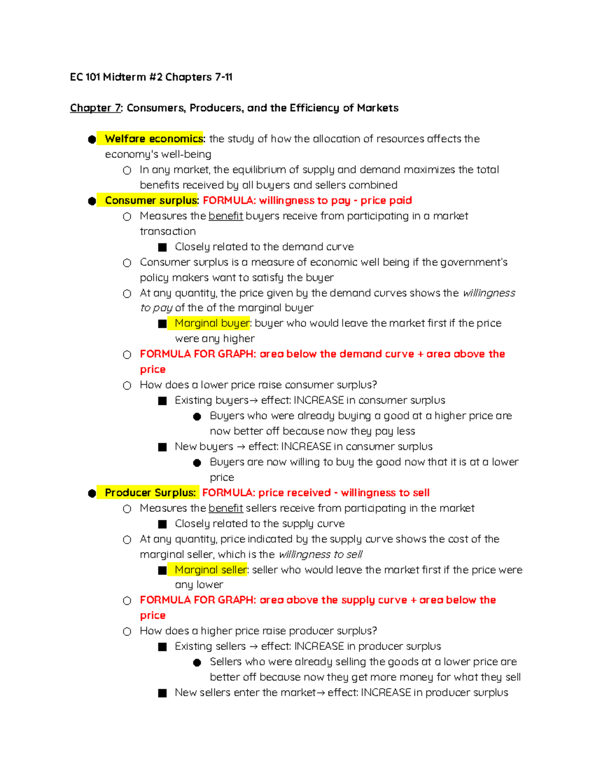 Micro Midterm #2 Chapters 7-11 - EC 101 Midterm #2 Chapters 7- Chapter 7: Consumers, Producers ...