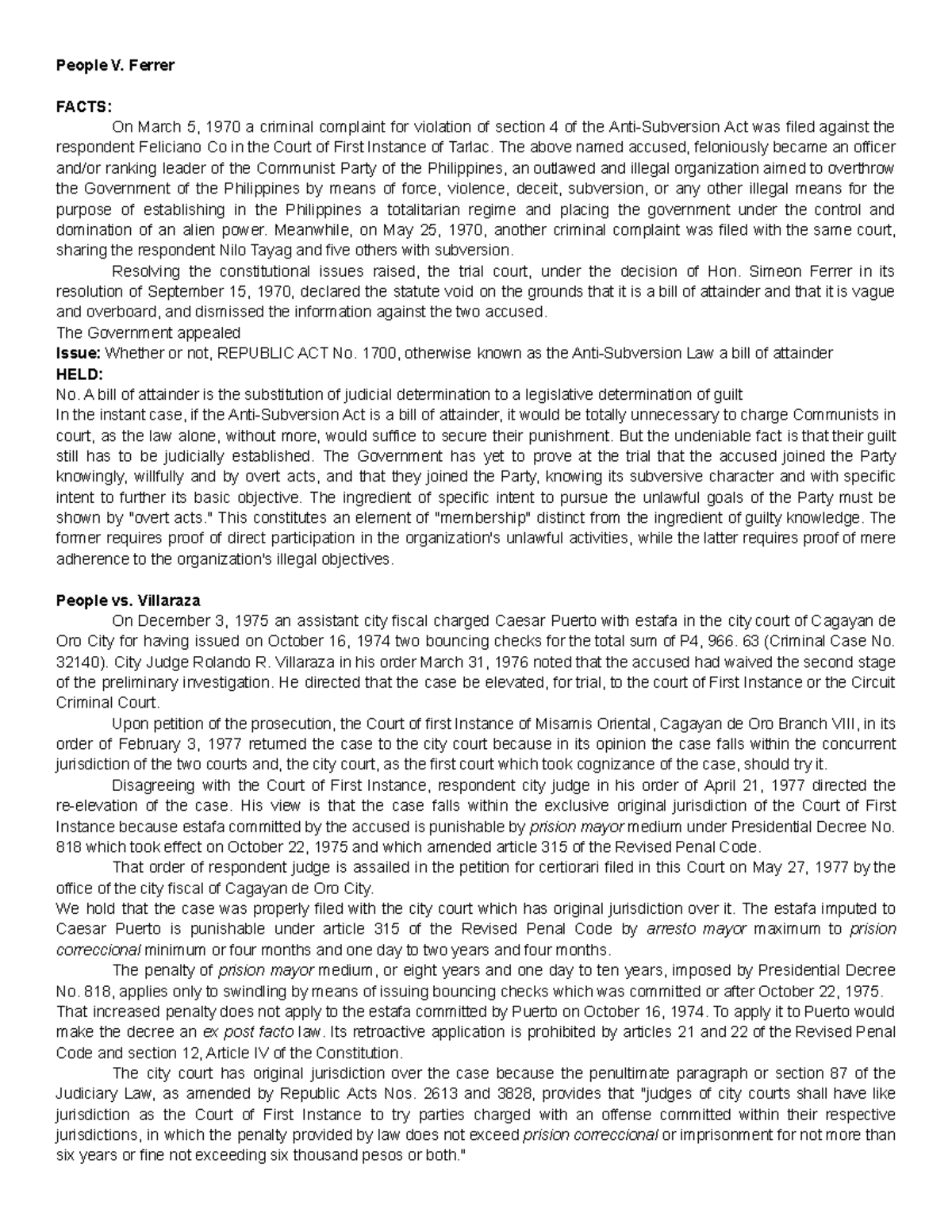 People V Crim LAw - Digest - People V. Ferrer FACTS: On March 5, 1970 a ...