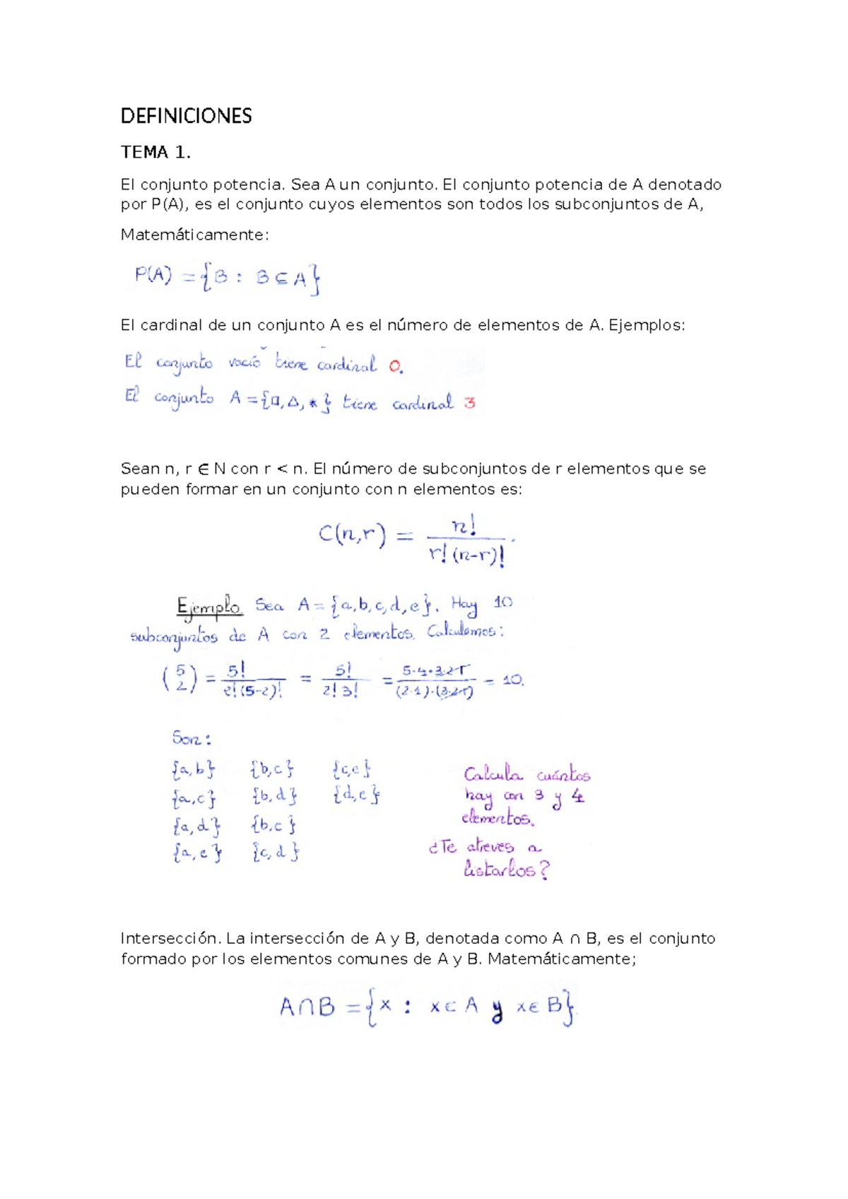 Algebra - apuntes - DEFINICIONES TEMA 1. El conjunto potencia. Sea A un ...
