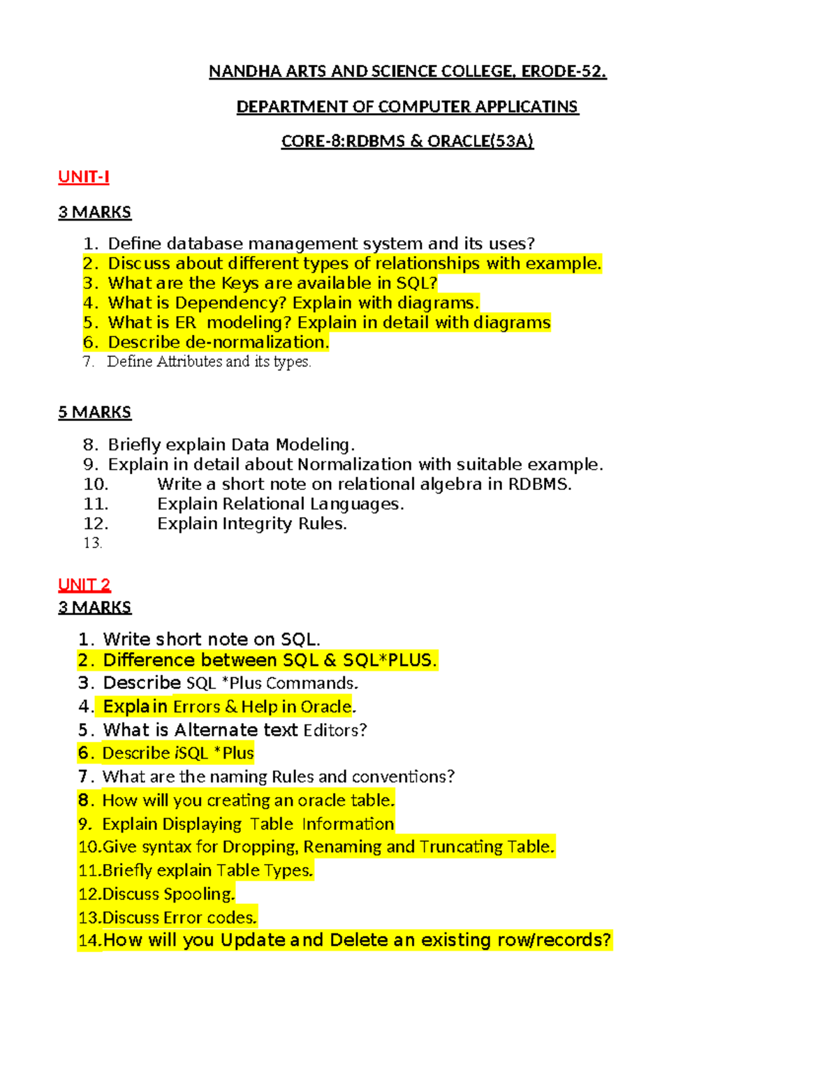Rdbms Important Questions - NANDHA ARTS AND SCIENCE COLLEGE, ERODE-52. DEPARTMENT OF COMPUTER ...