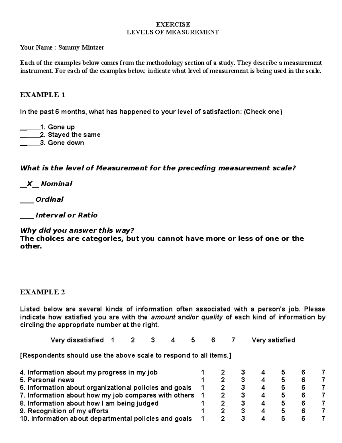 Levels Of Measurement Notes EXERCISE LEVELS OF MEASUREMENT Your Name