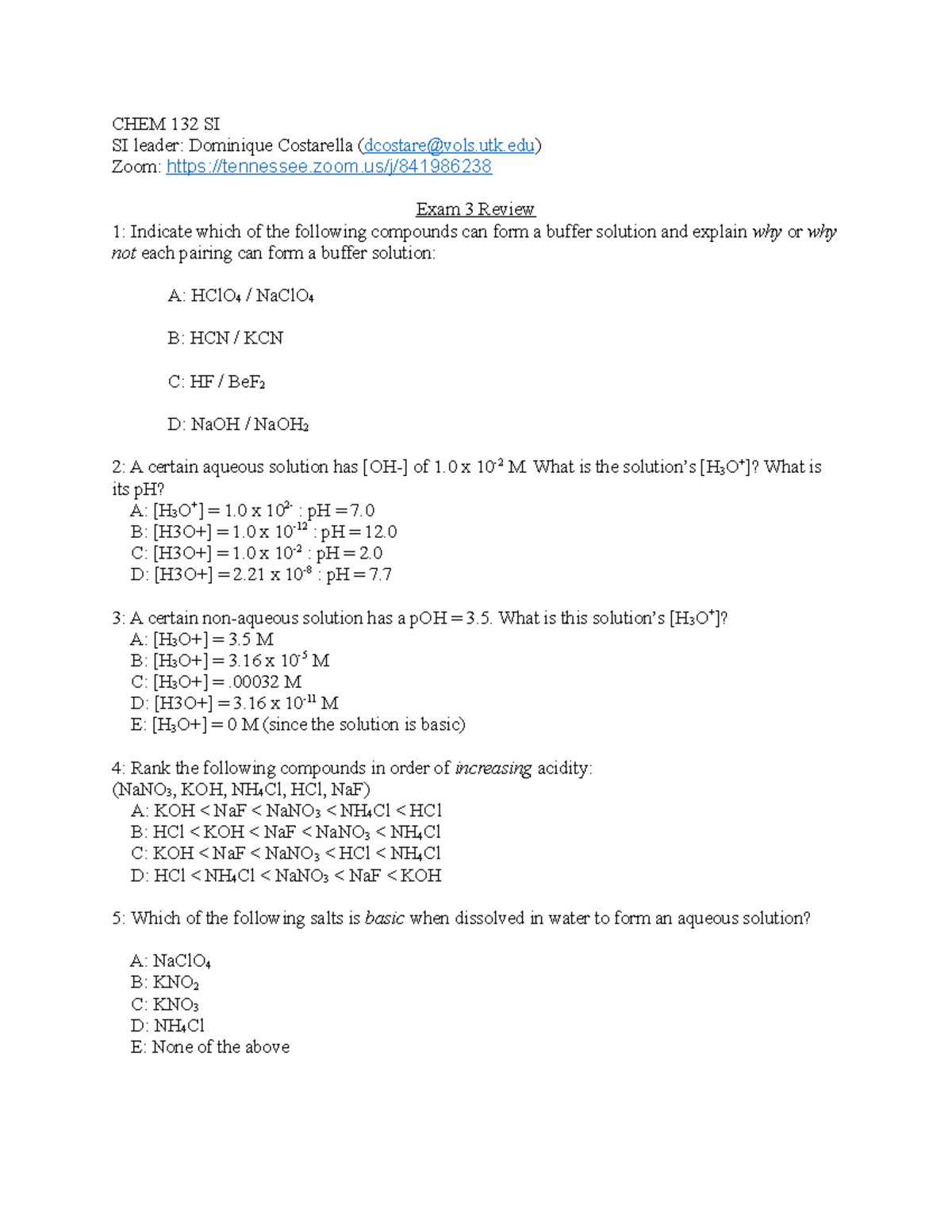 CHEM 132 SI - Exam 3 Review - CHEM 132 SI SI leader: Dominique ...