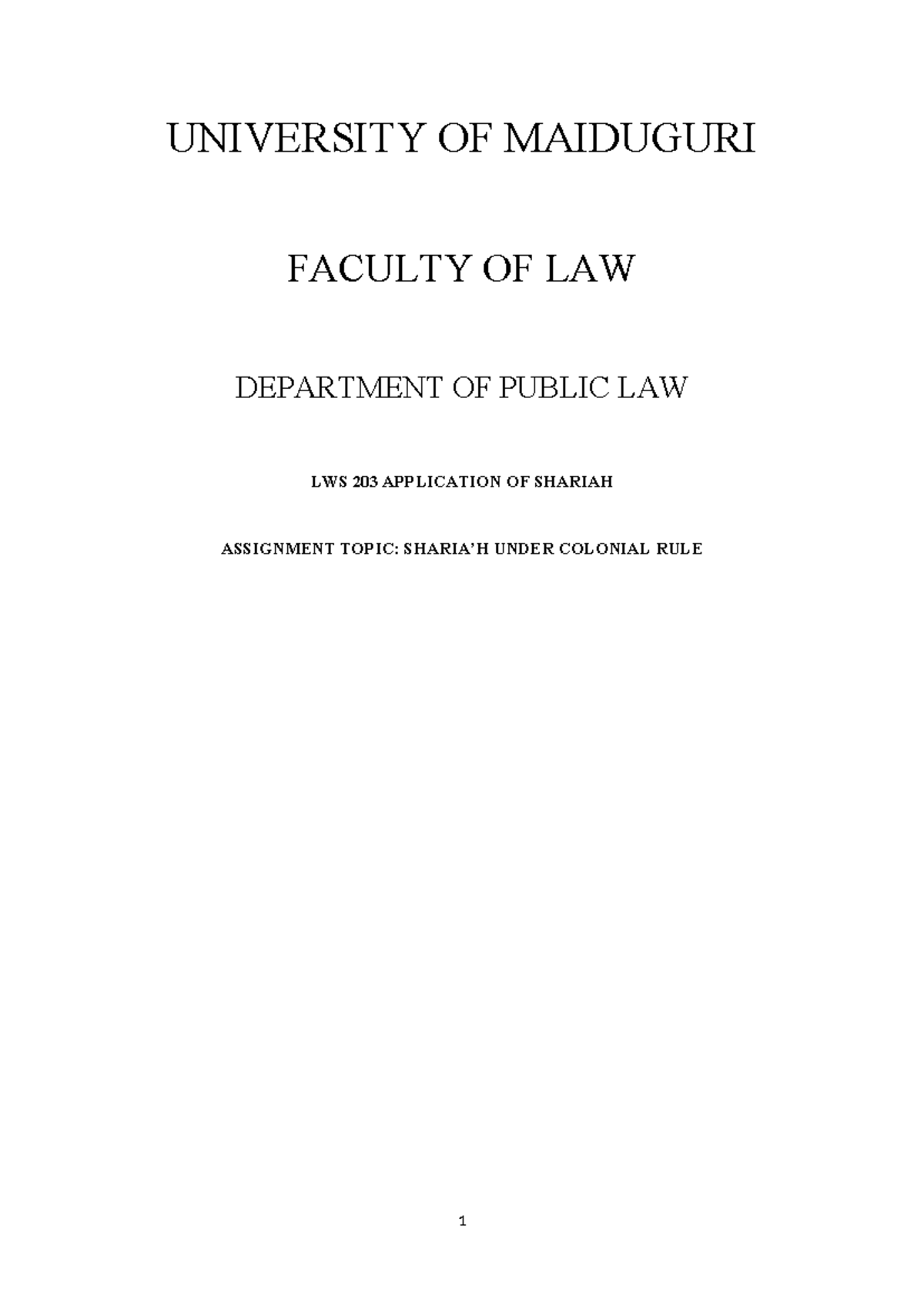Updated Application of shariah - UNIVERSITY OF MAIDUGURI FACULTY OF LAW ...