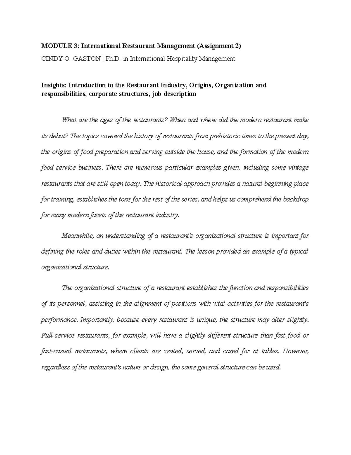 Module 3 assignment 2 - international restaurant management - MODULE 3 ...