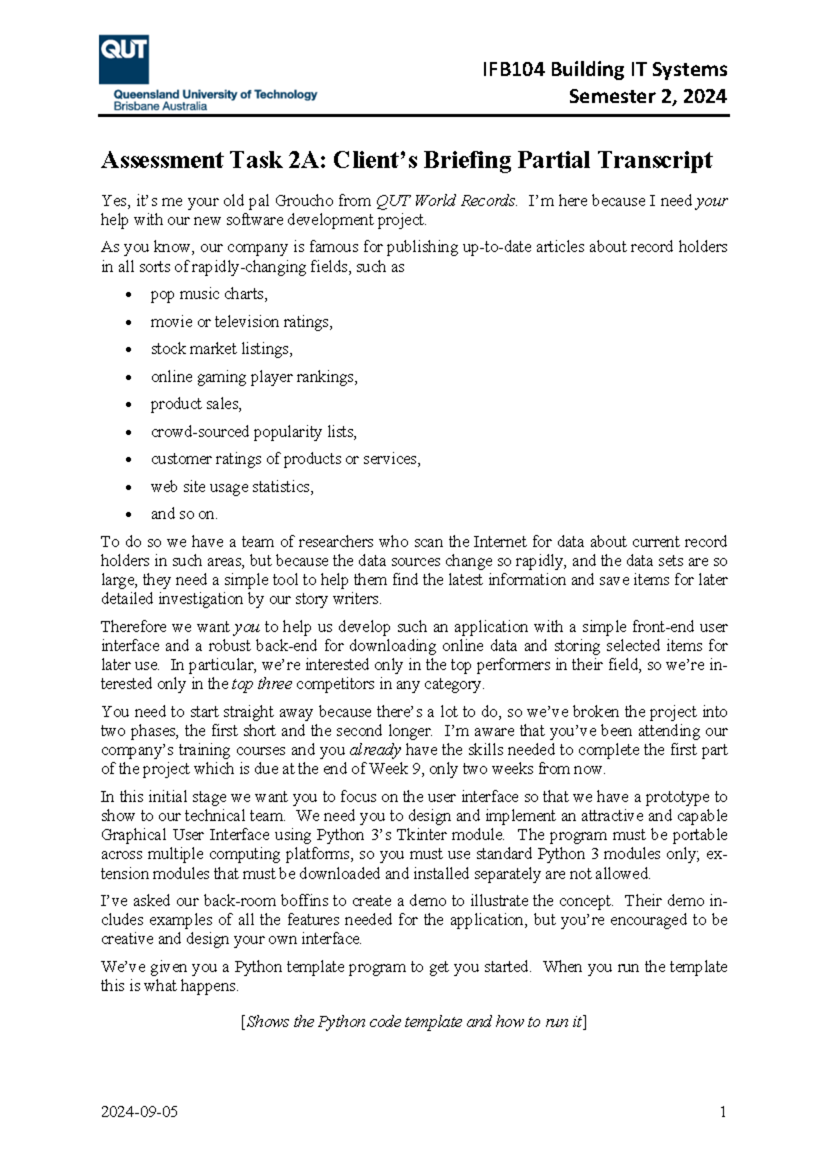 Assessment Task 2A-Briefing Transcript - Semester 2 , 202 4 Assessment ...