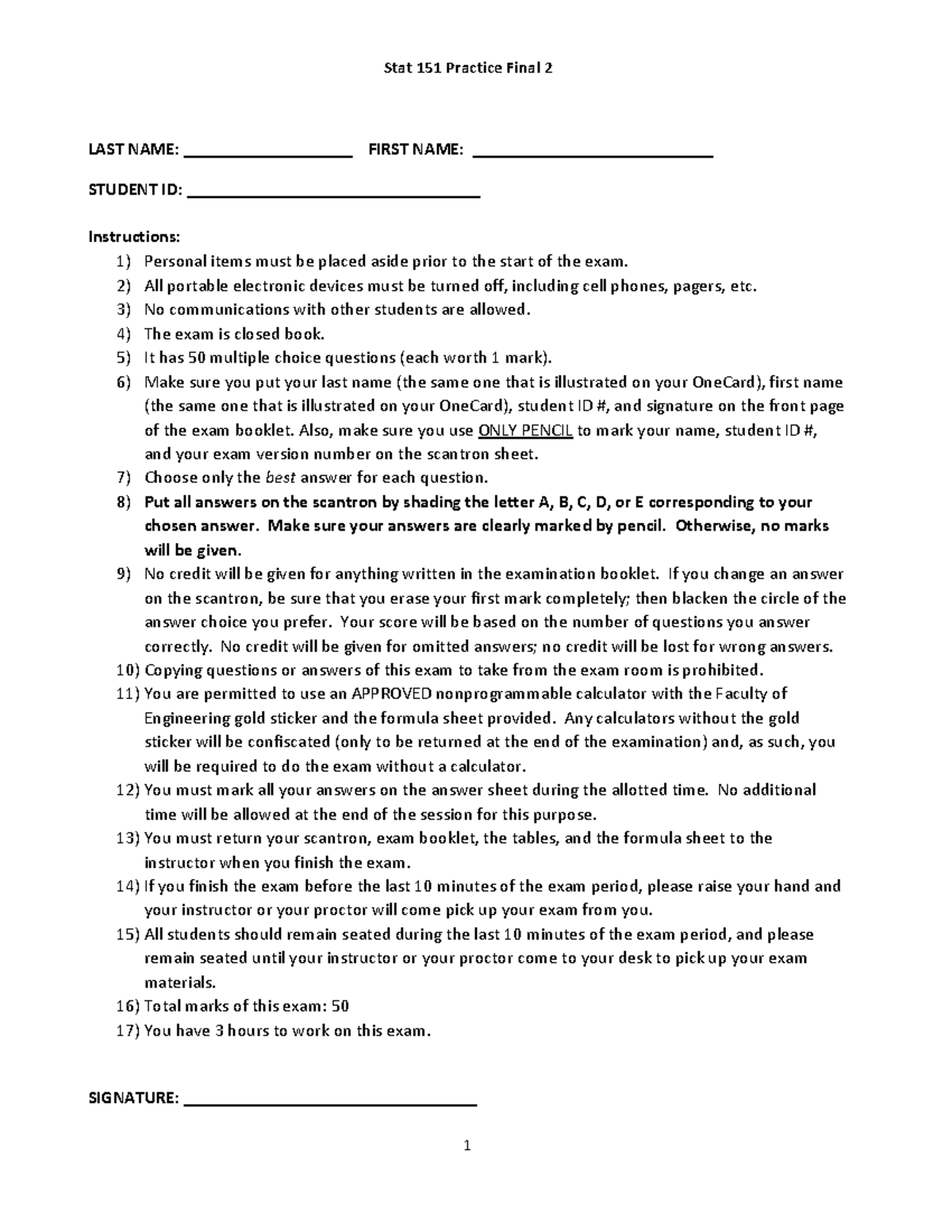 Practice Final 2 - Final Draft - LAST NAME: ___________________ FIRST NAME: - Studocu