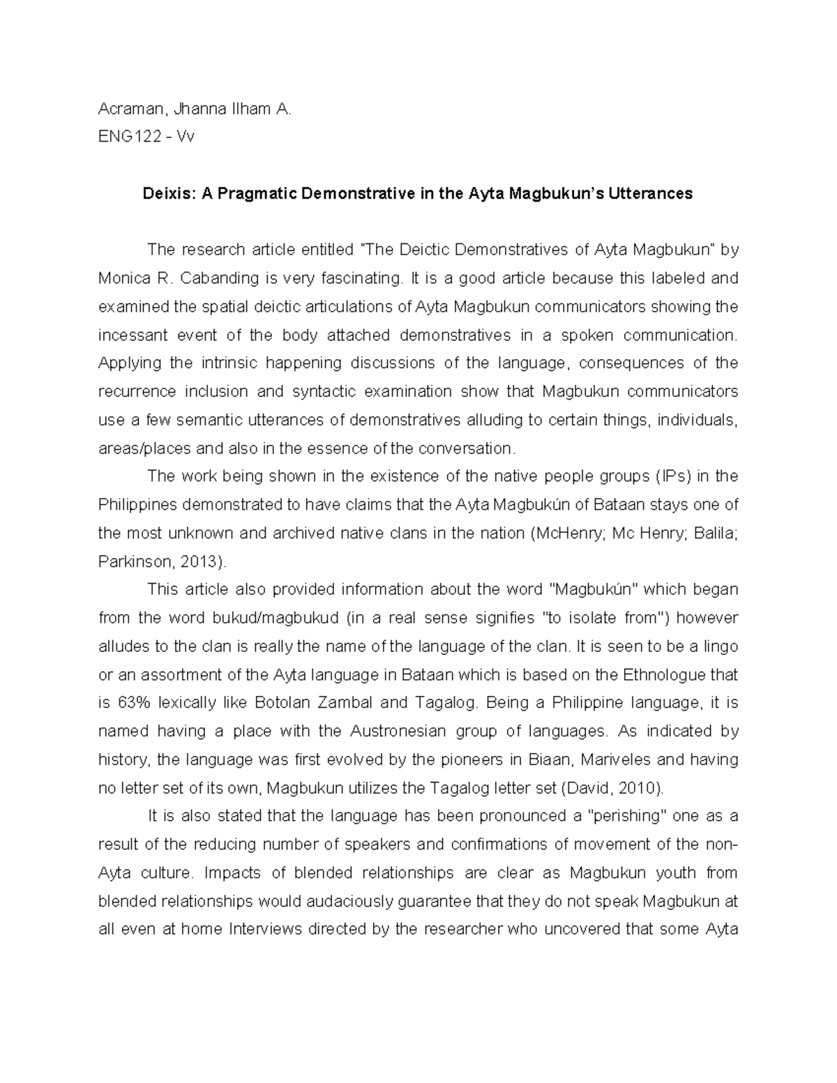 Research Review Article 5 - Acraman, Jhanna Ilham A. ENG122 - Vv Deixis ...