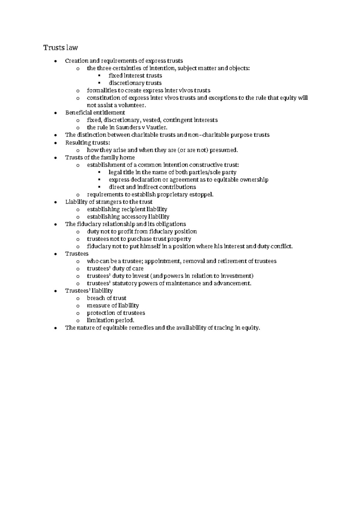 Trusts revision checklist - Trusts law Creation and requirements of express trusts o the three ...