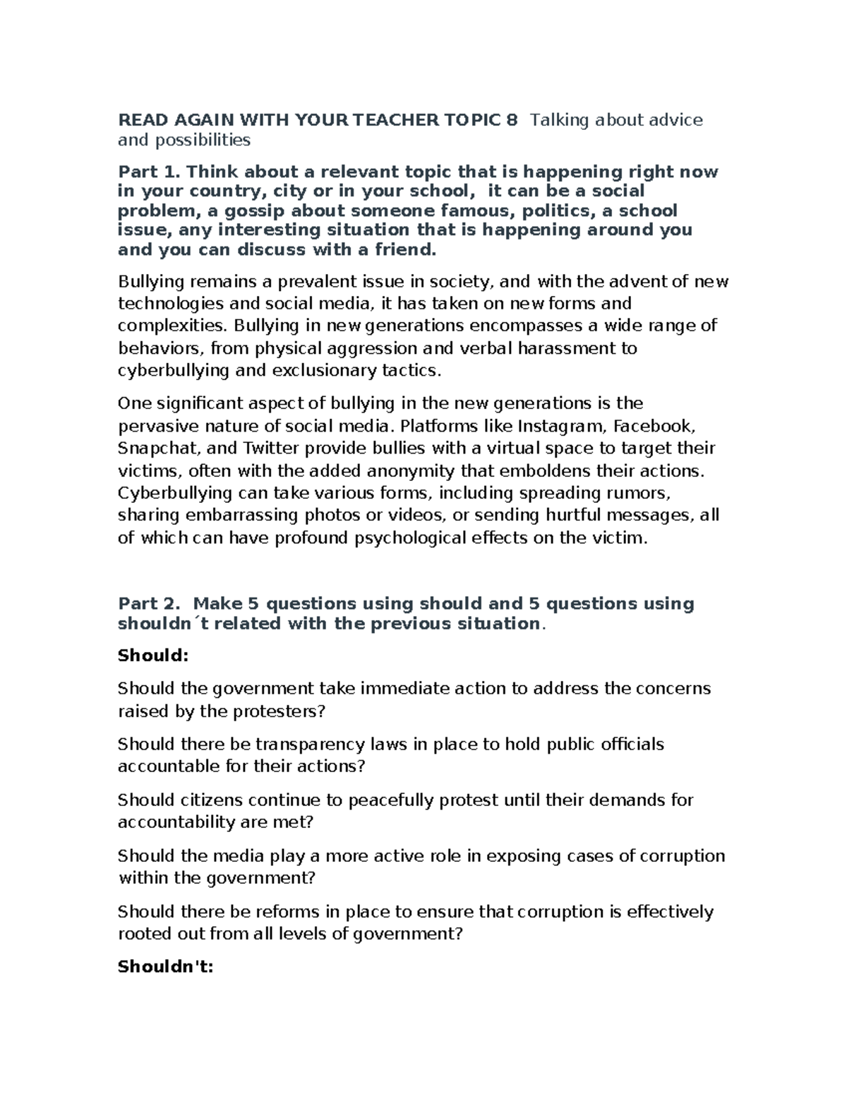 Wednesday February 28 Assignment - READ AGAIN WITH YOUR TEACHER TOPIC 8 ...