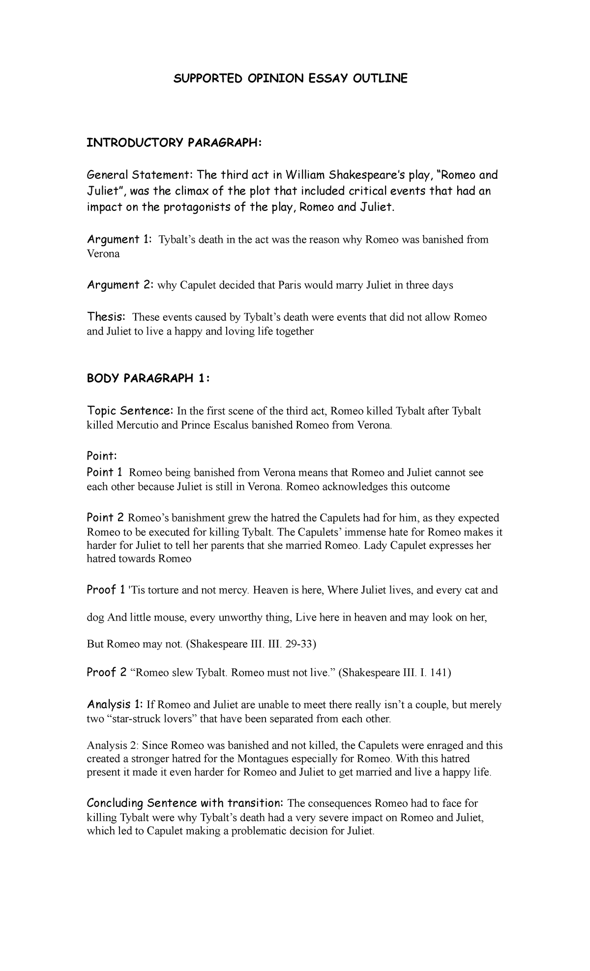 Supported Opinion Essay Outline English 1H03 McMaster StuDocu