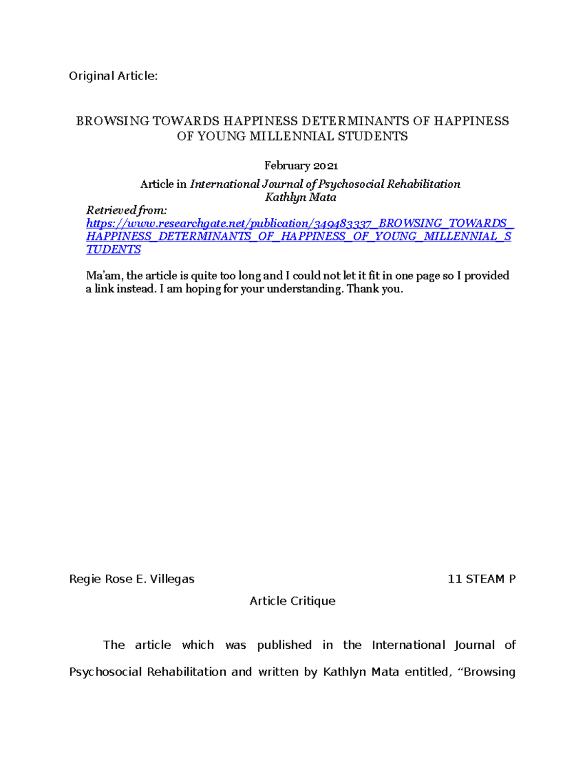 Article Critique - Original Article: BROWSING TOWARDS HAPPINESS ...