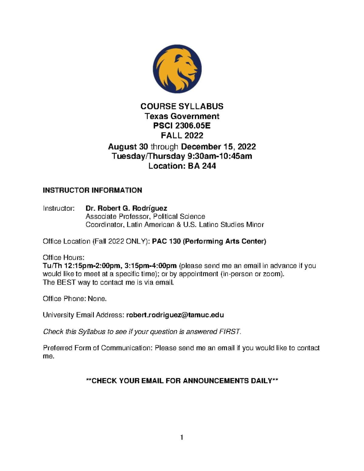 PSCI 2306 Fall 2022 Syllabus Final 930am 85627 - COURSE SYLLABUS Texas ...