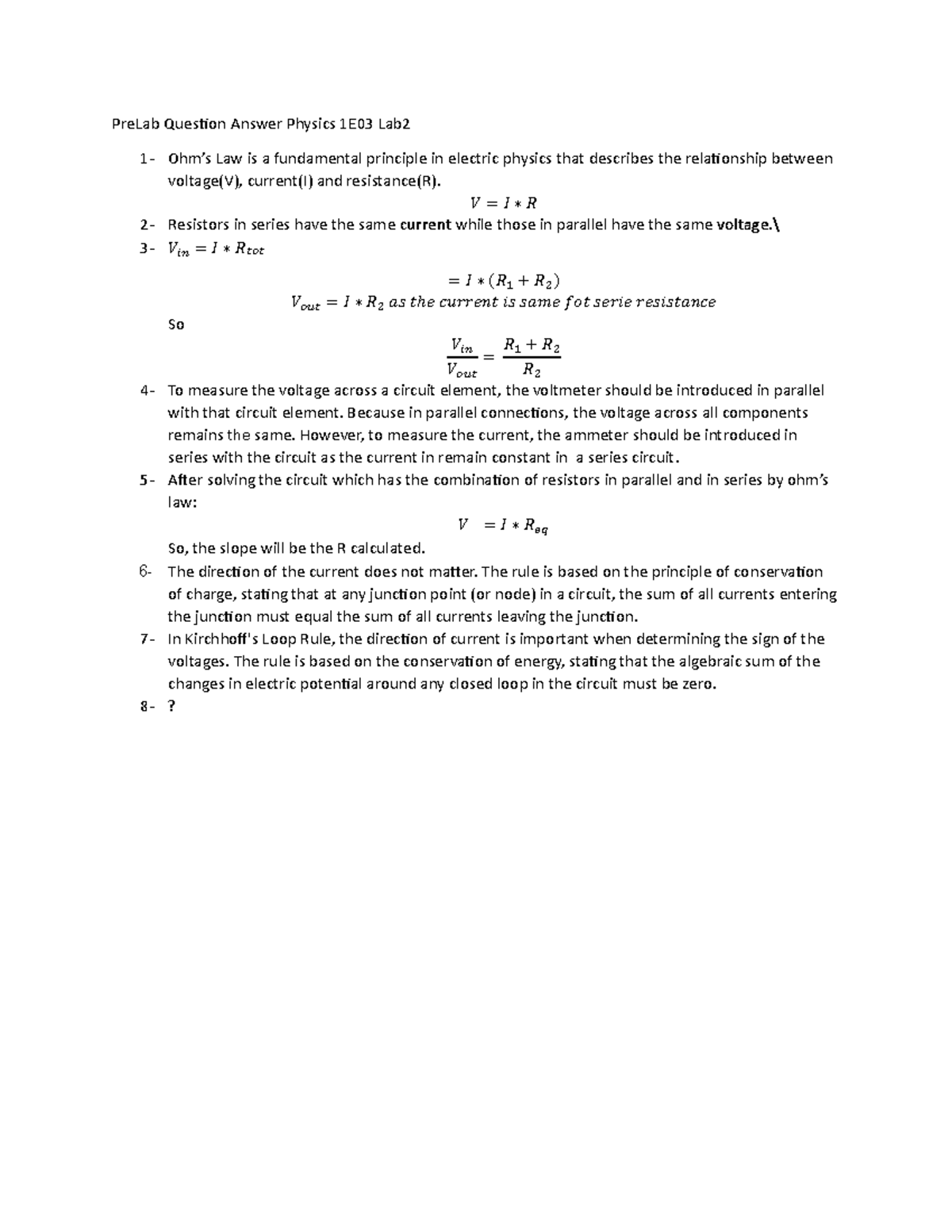 Physics prelab 2 - PreLab Question Answer Physics 1E03 Lab 1 - Ohm’s ...