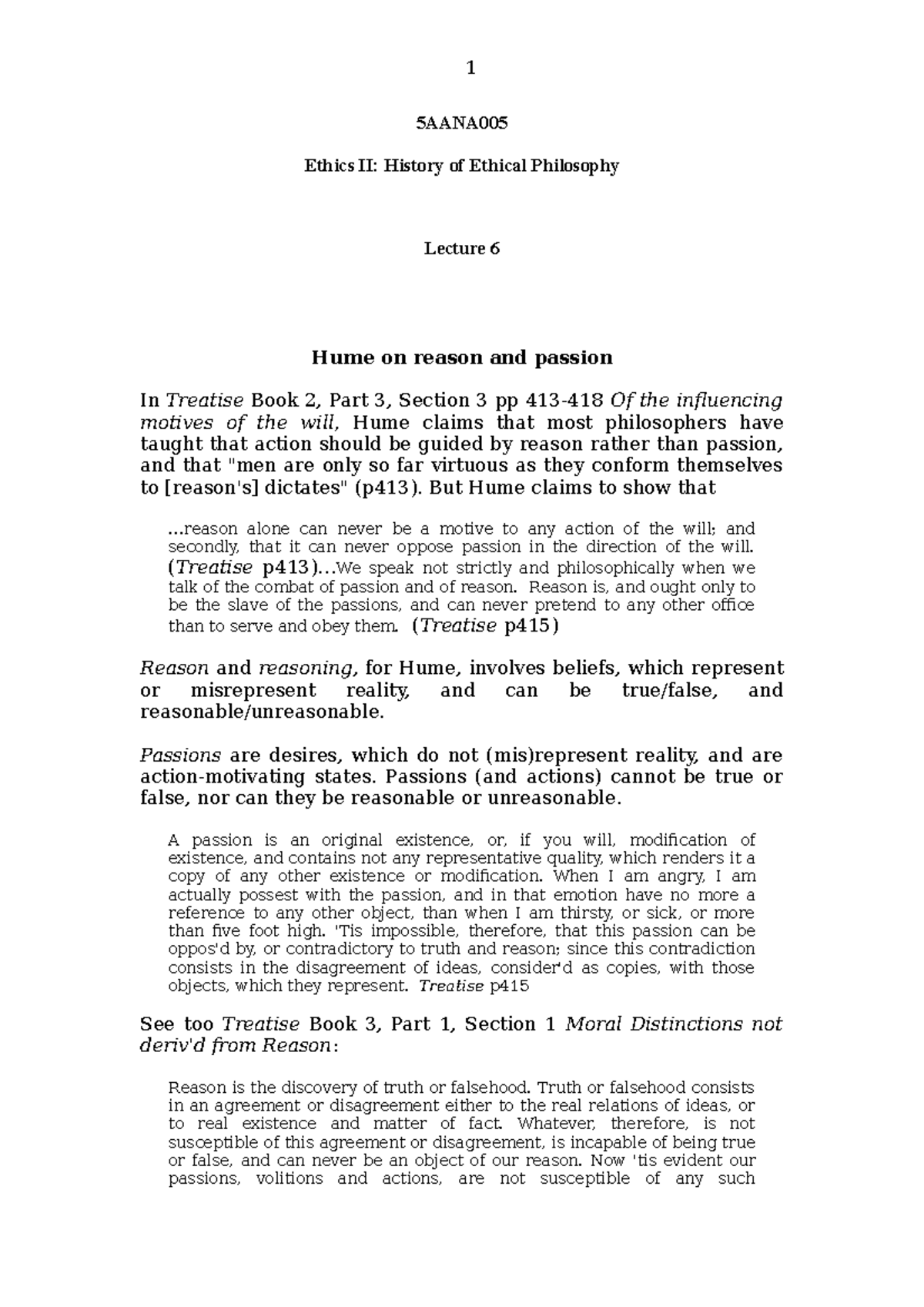 W6 Tutorial Handout - Reason and Passion - 5AANA Ethics II: History of ...