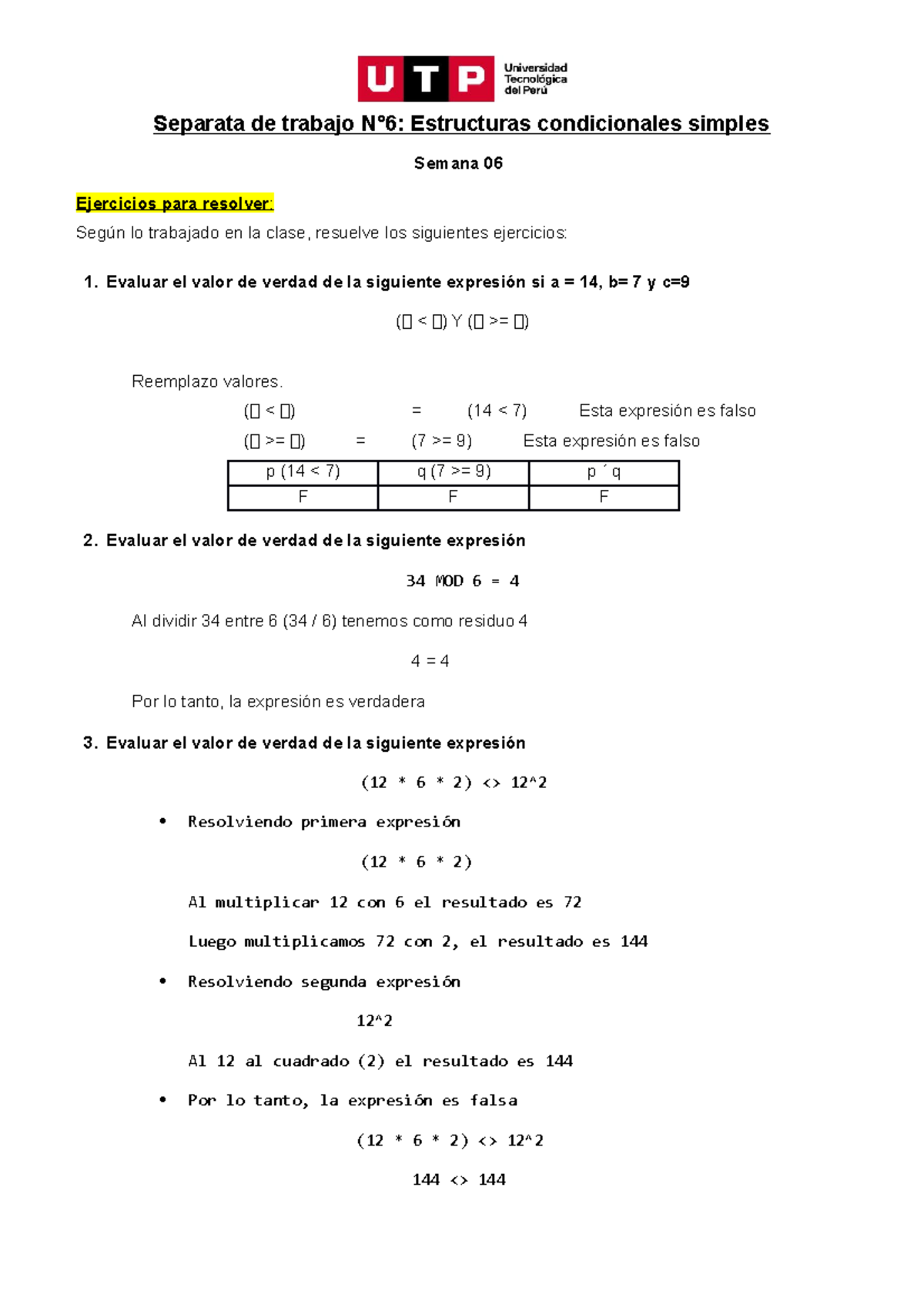 S06.s1 Tarea Estructuras condicionales simples - Separata de trabajo N°6: Estructuras ...