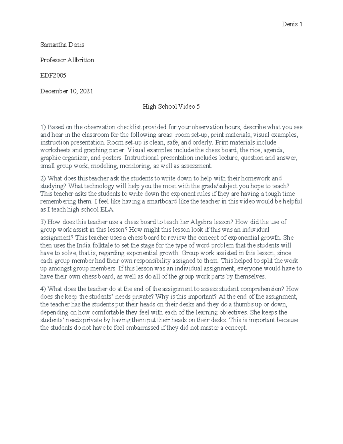 High School Video 5 - Denis 1 Samantha Denis Professor Allbritton EDF ...