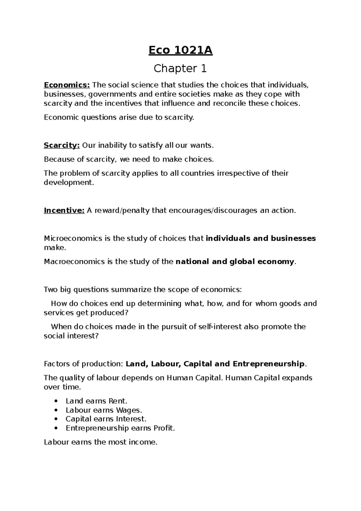 Econ1021A Notes - Eco 1021A Chapter 1 Economics: The social science ...