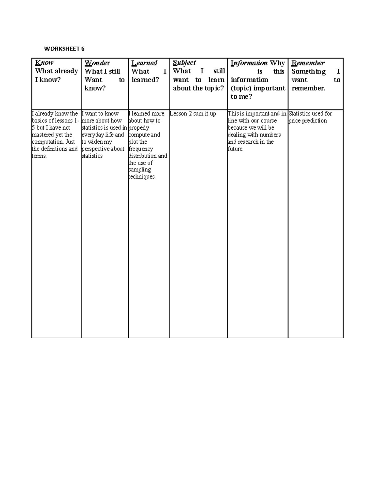 Module 1 worksheet 6 - 123 - WORKSHEET 6 K now What already I know? W ...