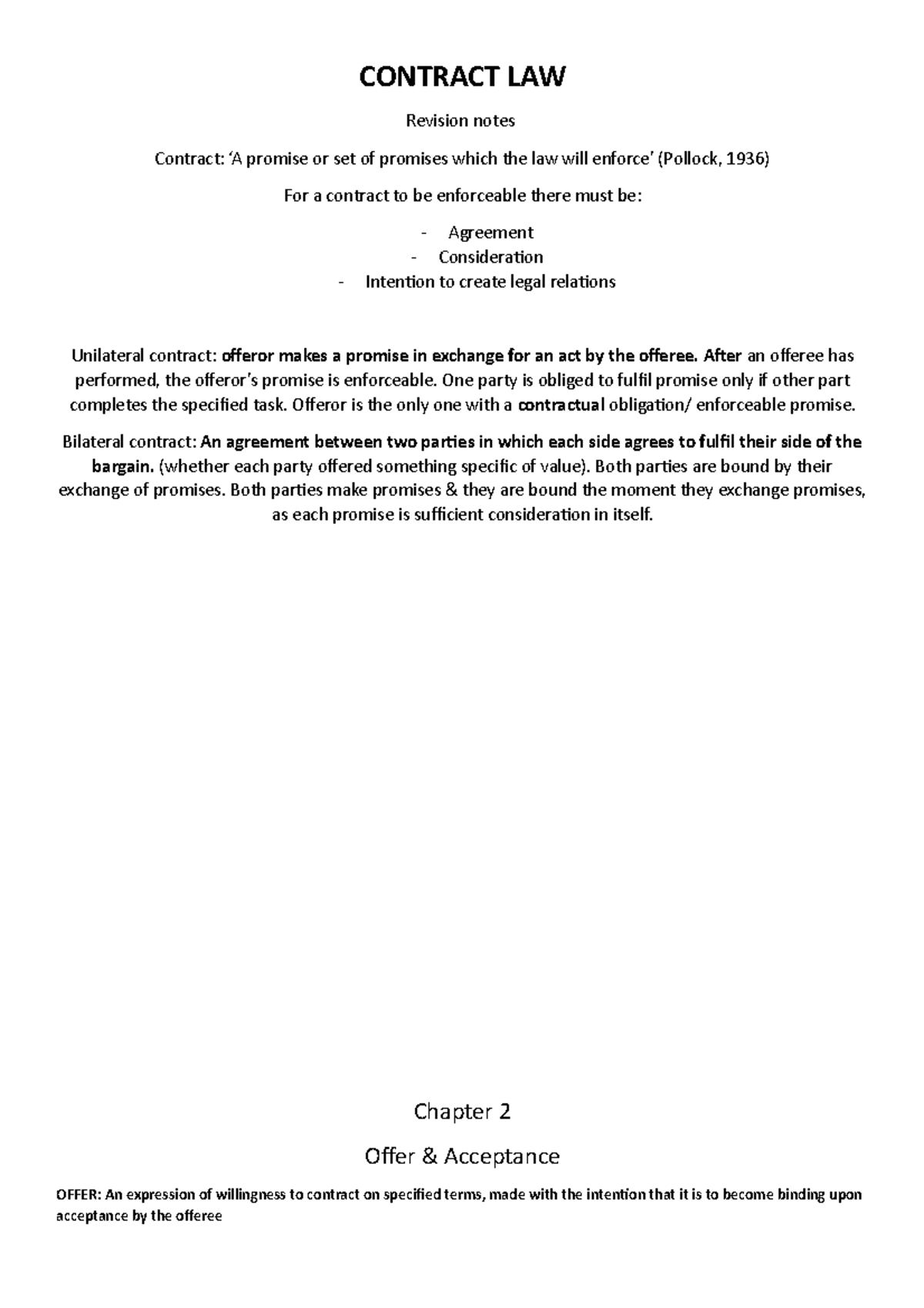 Offer and acceptance notes - CONTRACT LAW Revision notes Contract: ‘A ...