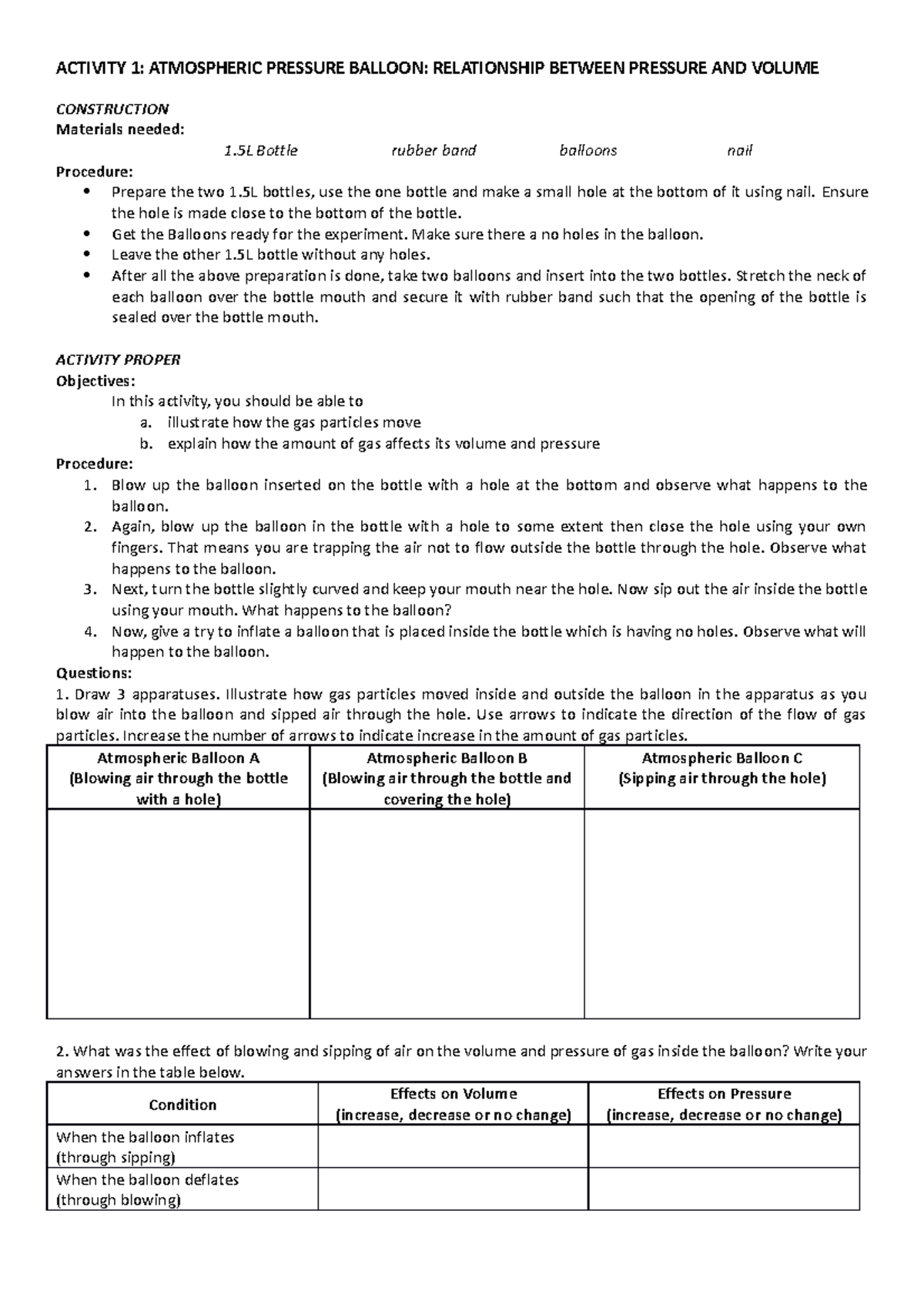 Activity 1 Atmospheric Pressure Balloon - ACTIVITY 1: ATMOSPHERIC ...