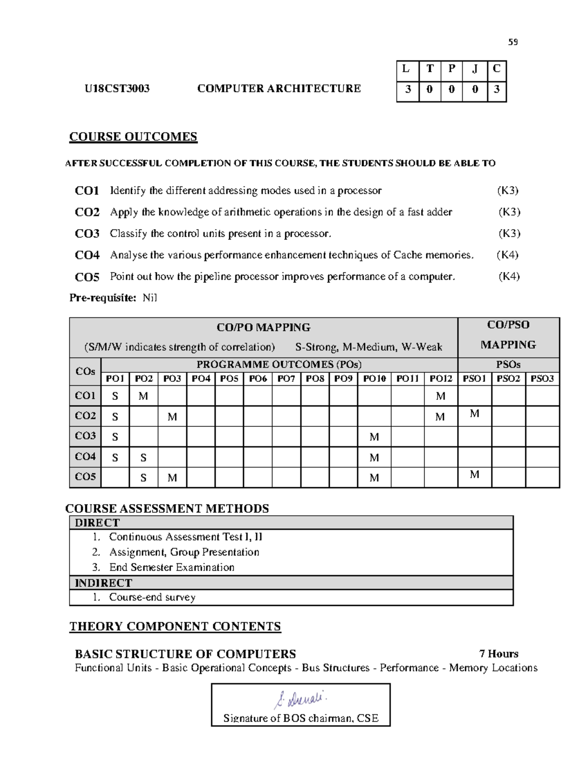 1.Computer architecture - 59 Signature of BOS chairman, CSE U18CST3003 COMPUTER ARCHITECTURE L T ...