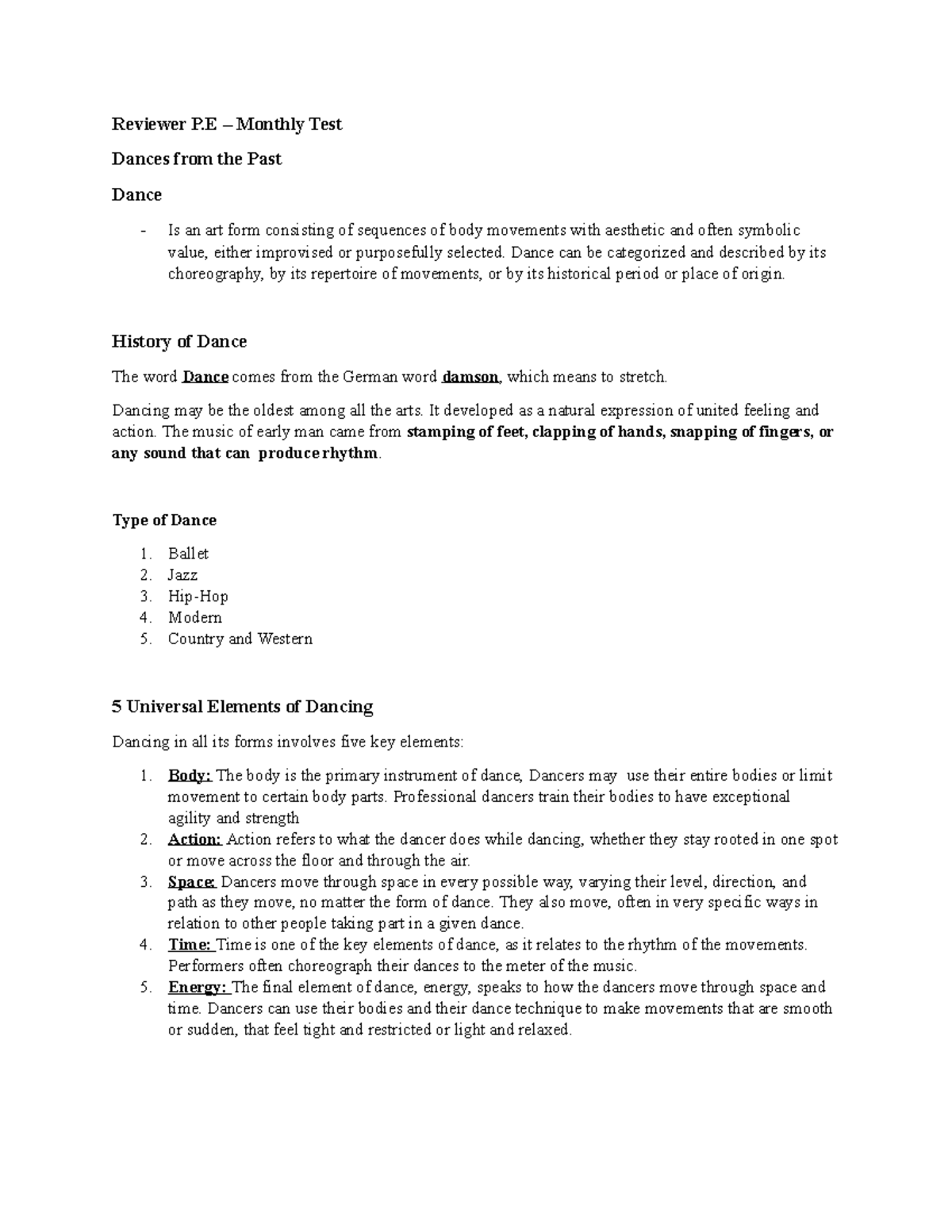 Physical Education 3 - Reviewer P – Monthly Test Dances from the Past ...