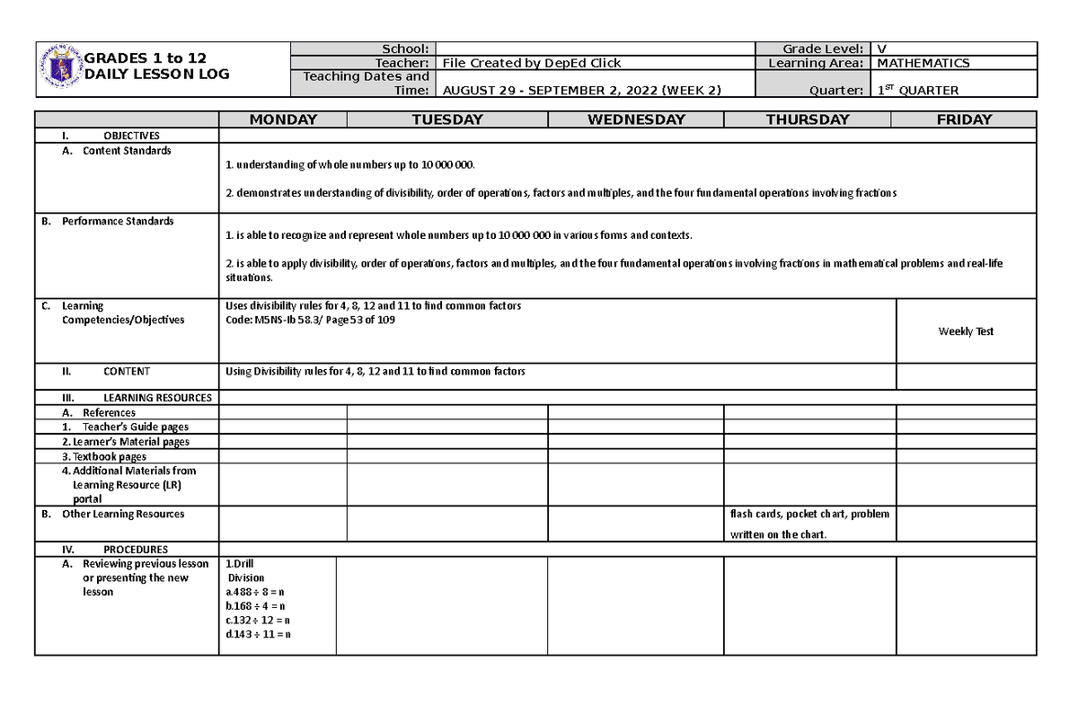Grades 1 to 12 - ESSAY - GRADES 1 to 12 DAILY LESSON LOG School: Grade ...