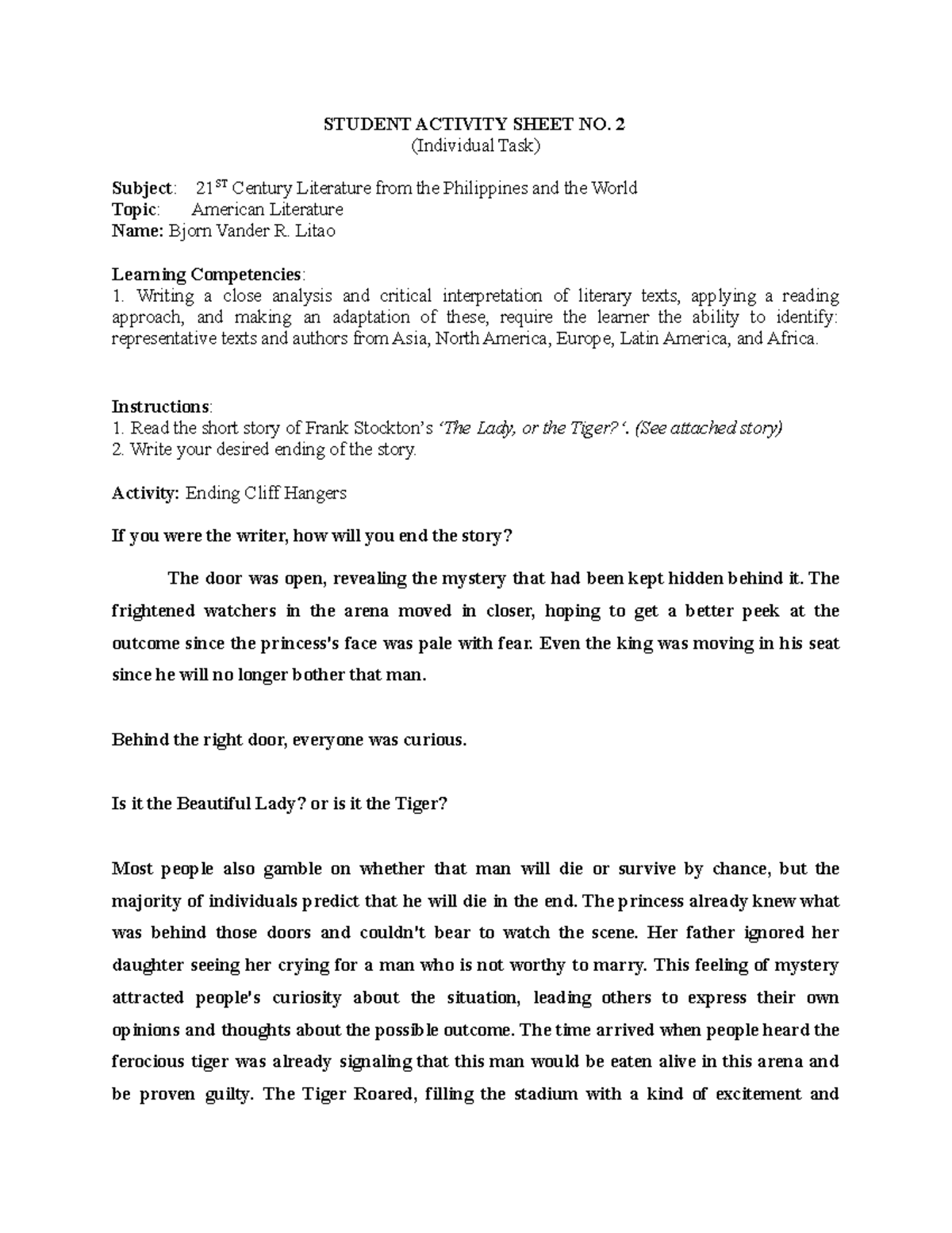 The Lady, or the Tiger - Writing a close analysis and critical ...