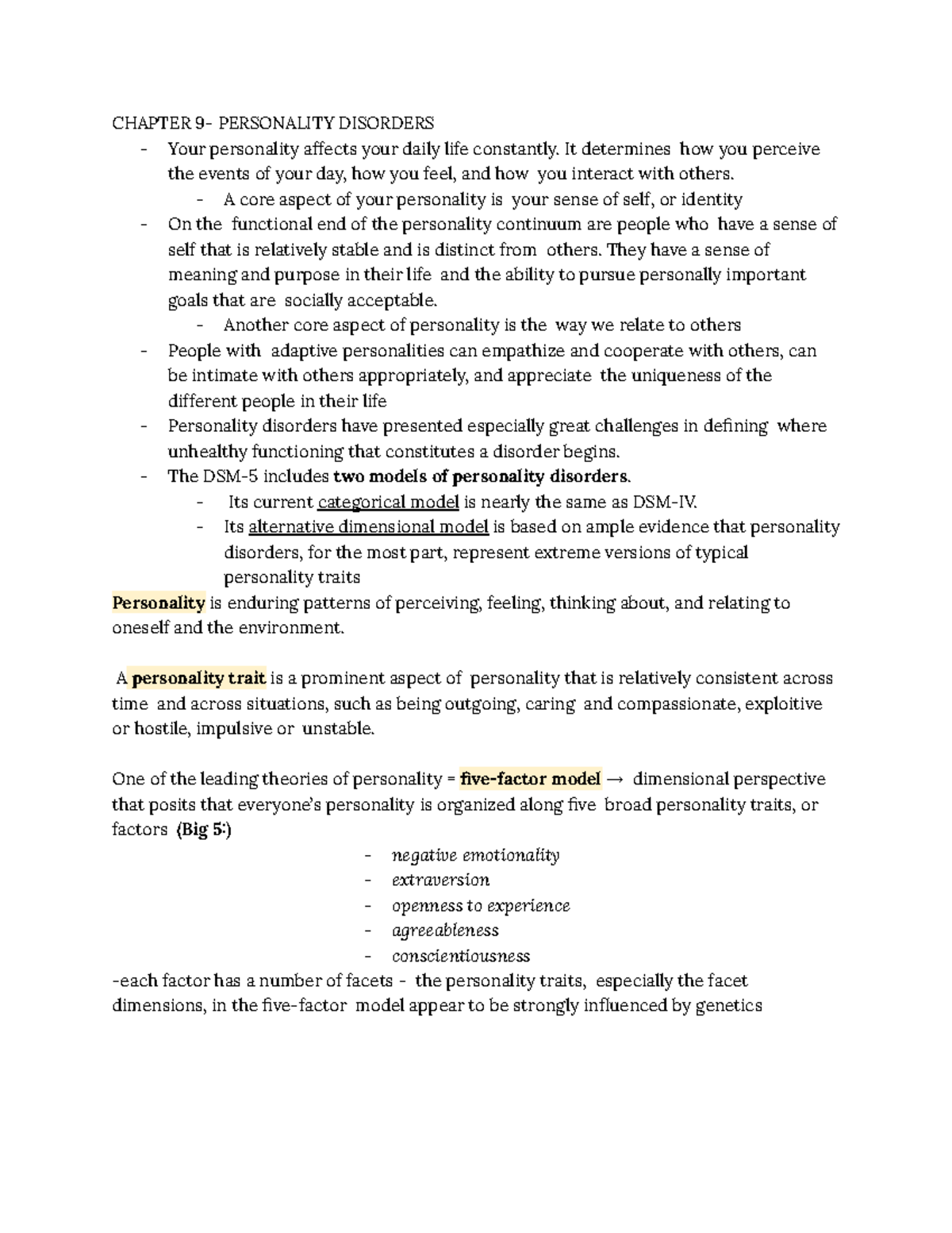 UNIT 3 BOOK Notes - CHAPTER 9- PERSONALITY DISORDERS Your personality ...