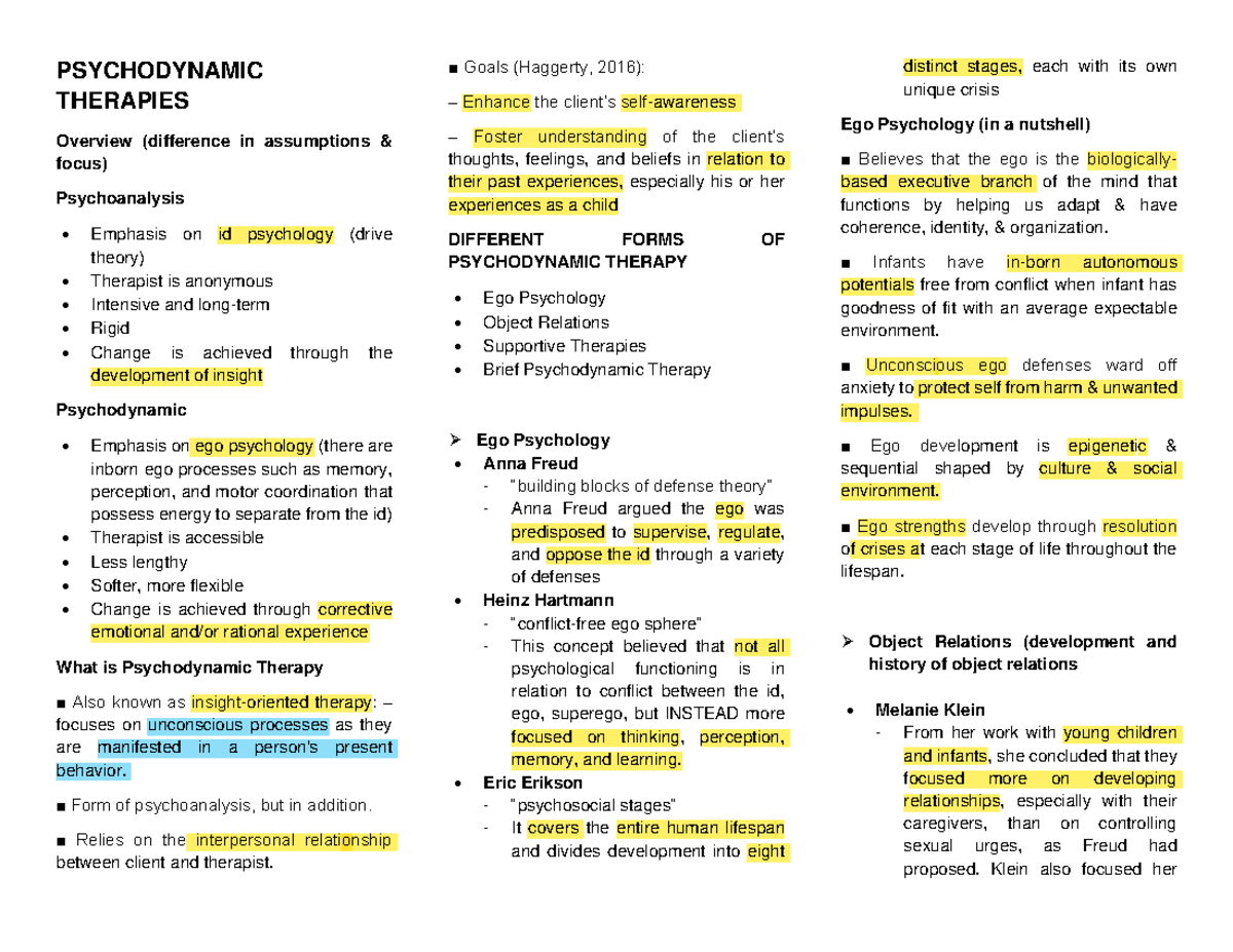 Clinical - Psychodynamic and Humanistic - PSYCHODYNAMIC THERAPIES ...