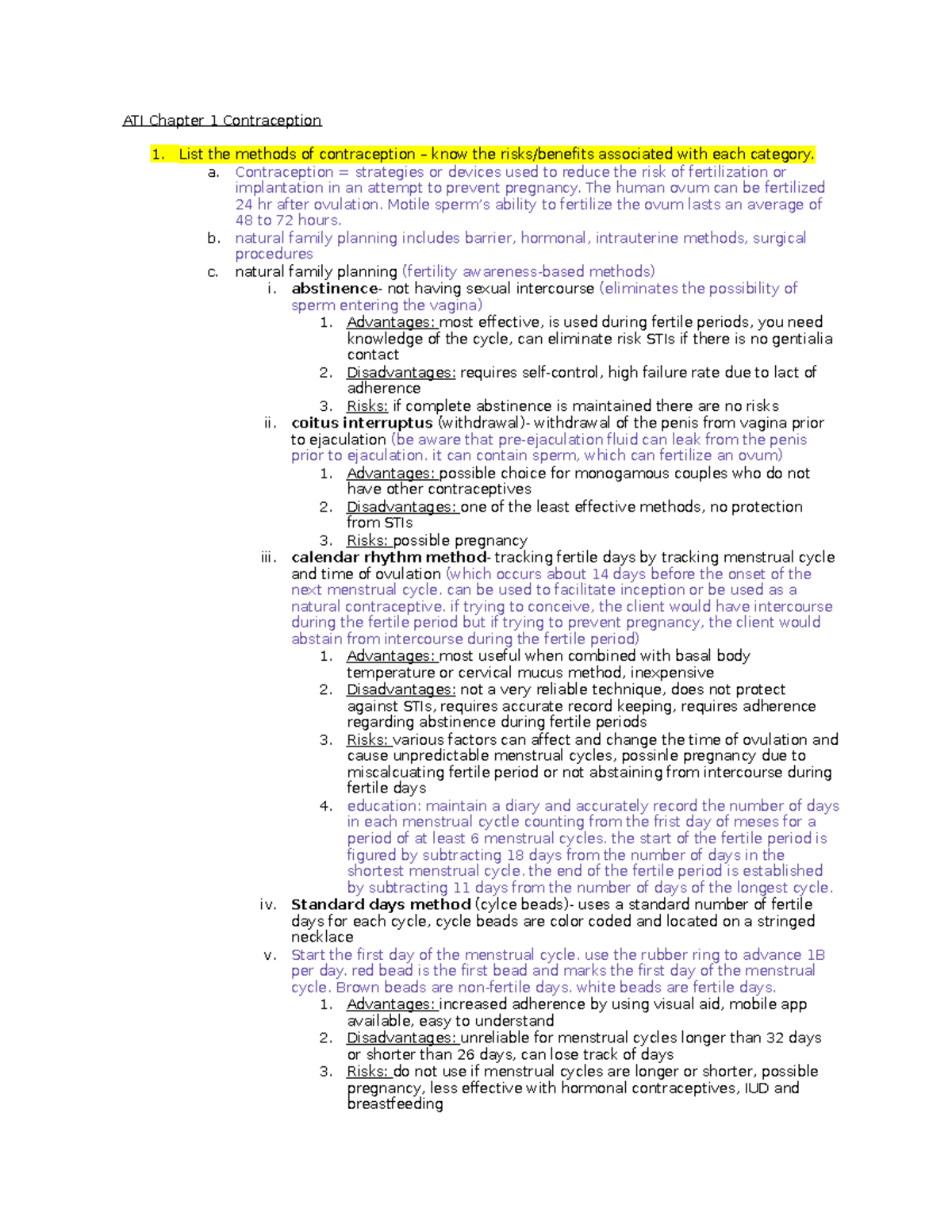 ATI Chapter 1 Contraception - ATI Chapter 1 Contraception List the methods of contraception ...