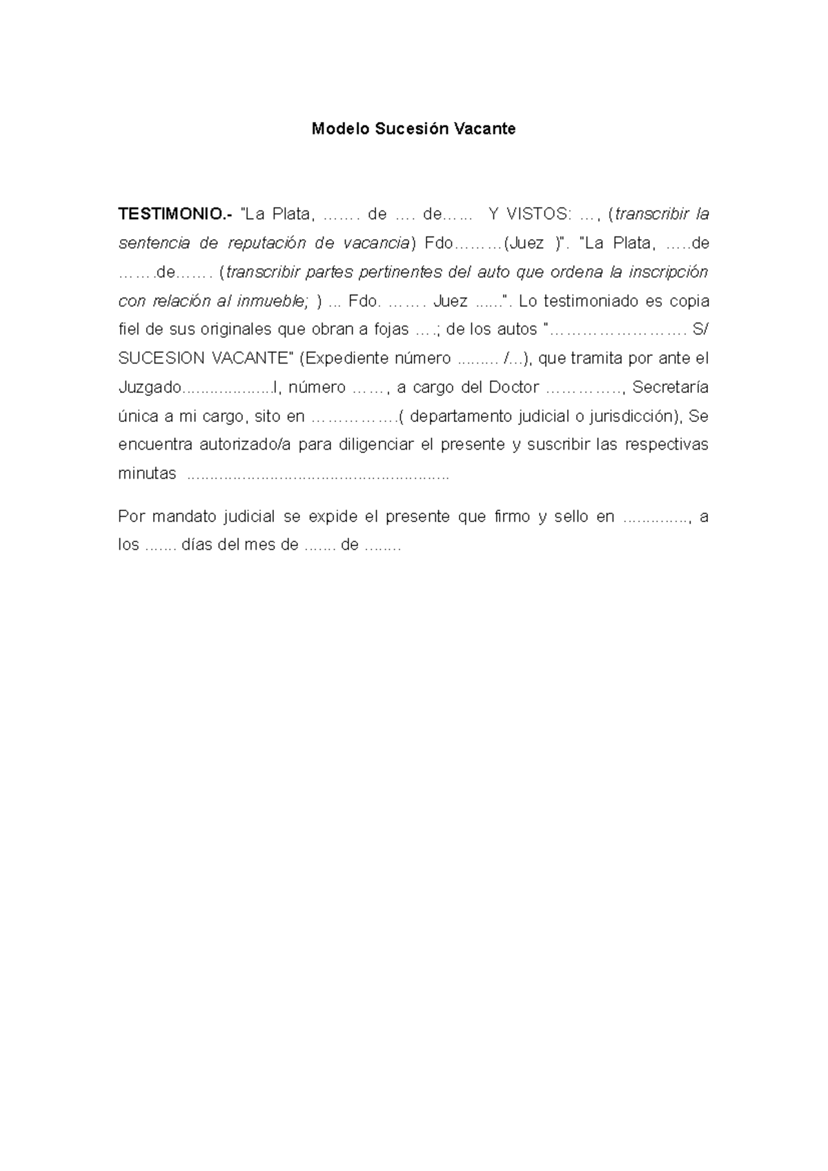 Modelo testimonio sucesion vacante - Modelo Sucesión Vacante TESTIMONIO ...