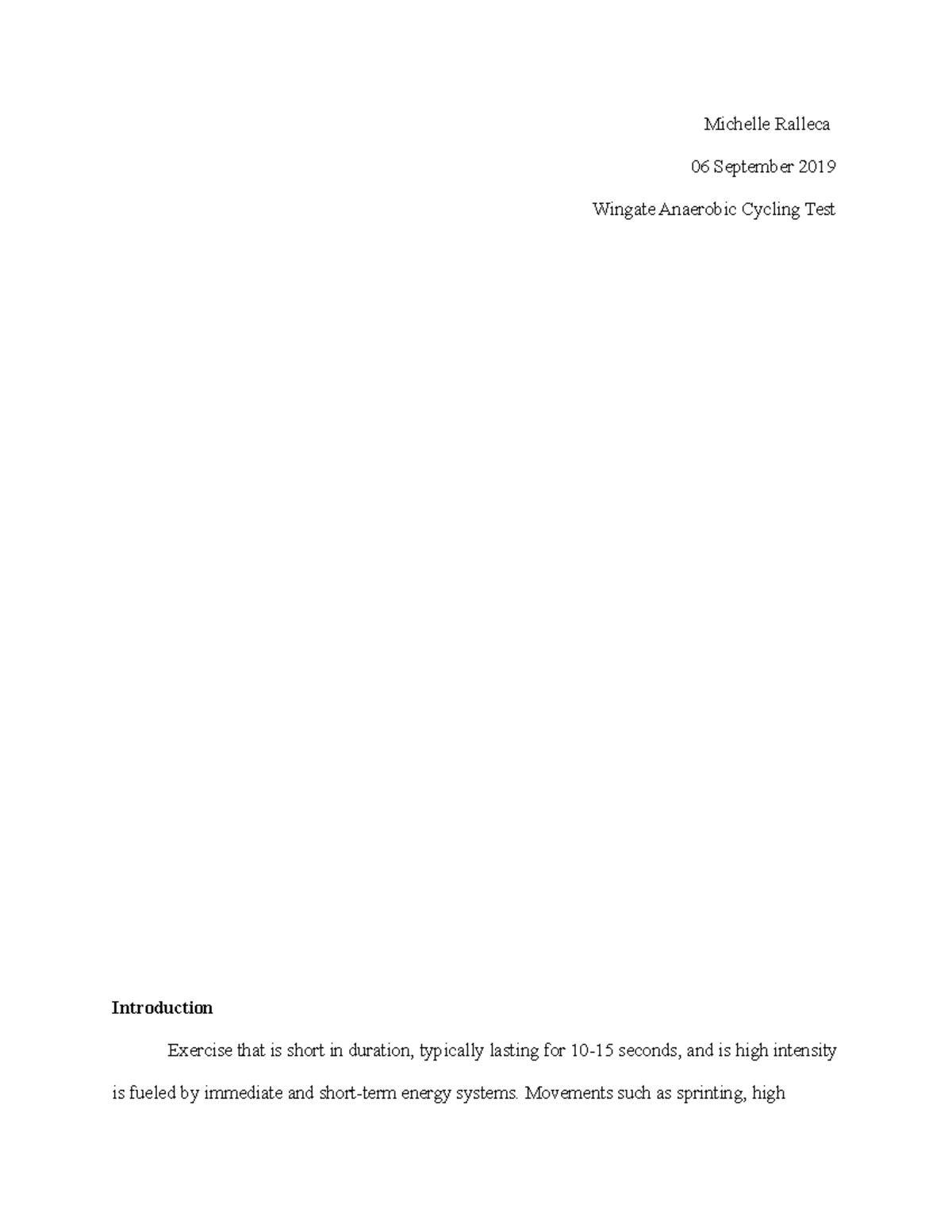Wingate Lab Report - Michelle Ralleca 06 September 2019 Wingate ...