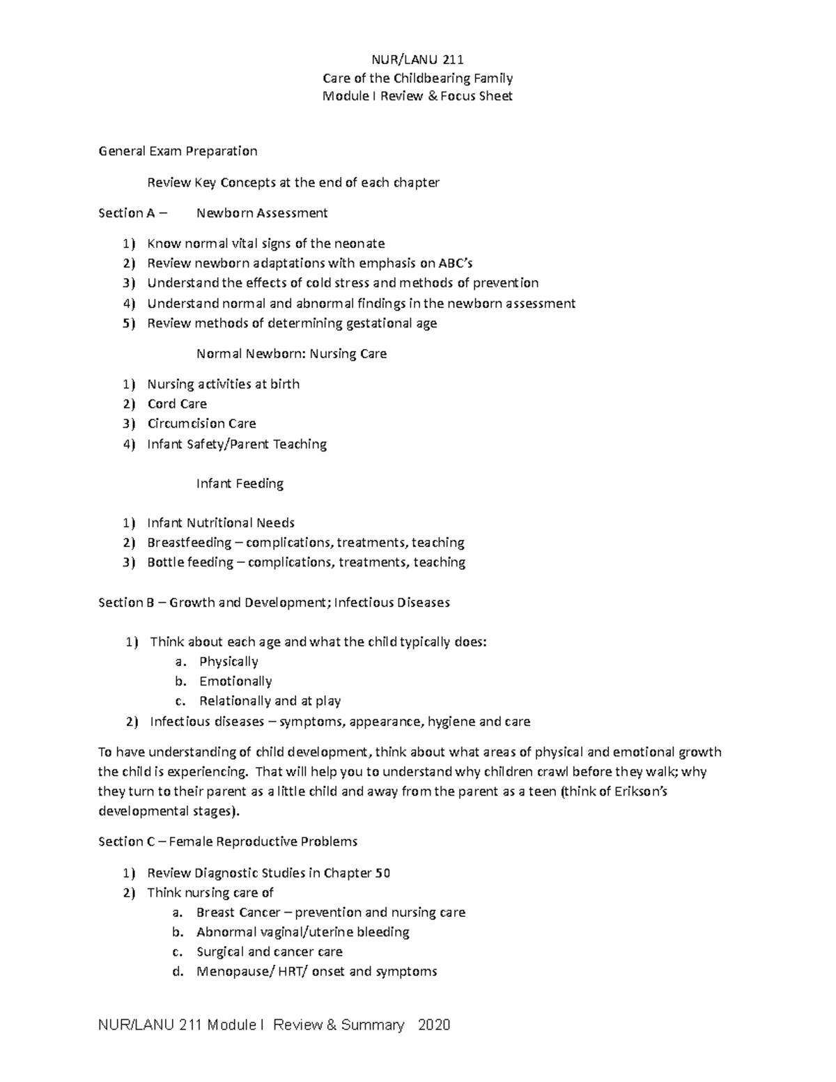 NUR 211 Module I Review and Summary - NUR/LANU 211 Care of the ...