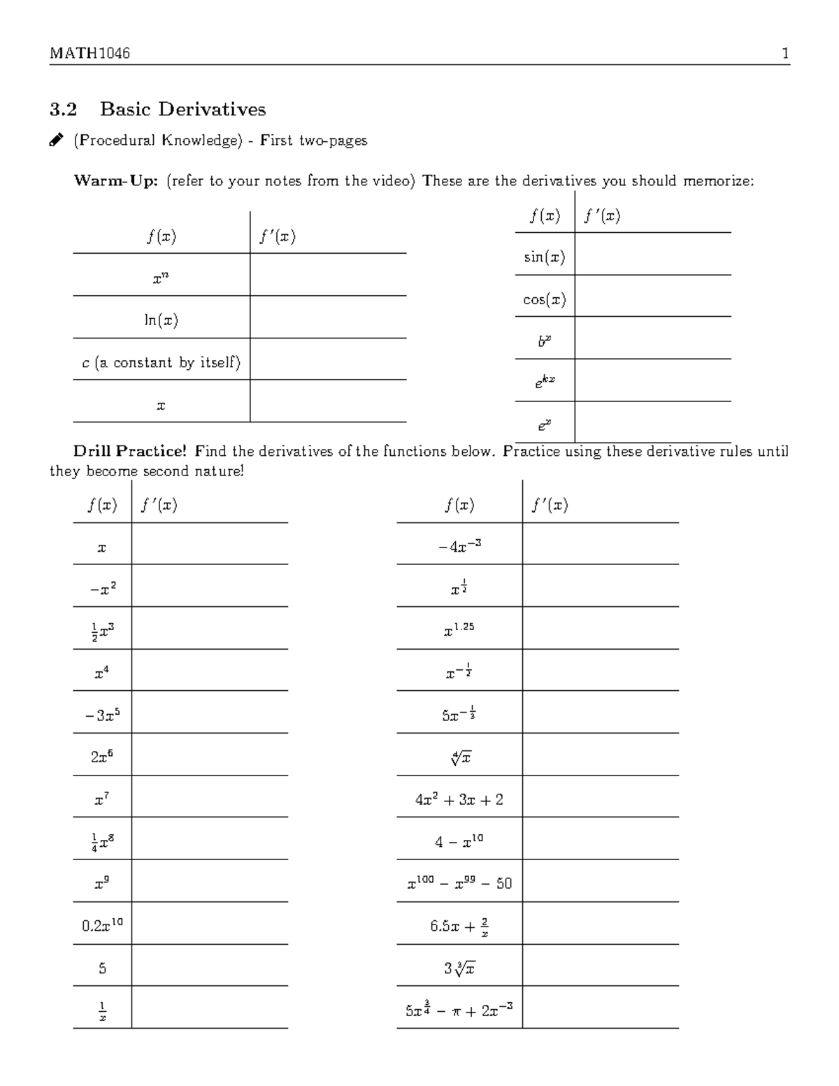 Practice 3.2 pdf - 3 Basic Derivatives Ò (Procedural Knowledge) - First ...