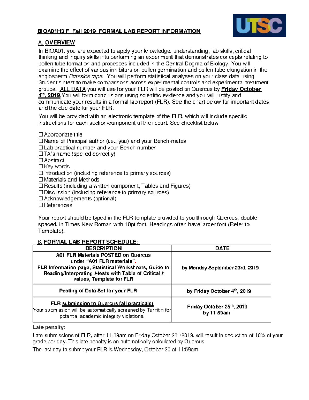 BIOA01 FLR Information F2019 - BIOA01H3 F Fall 201 9 FORMAL LAB REPORT ...