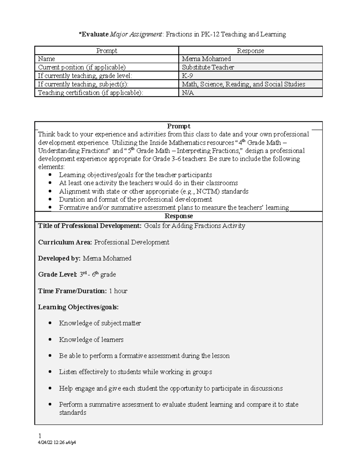 Evaluate Major Assignment Fractions in PK-12 Teaching and Learning ...