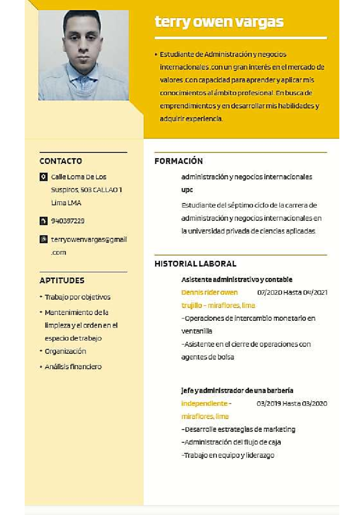 Cv terry owen vargas pdf - Finanzas corporativas - Studocu